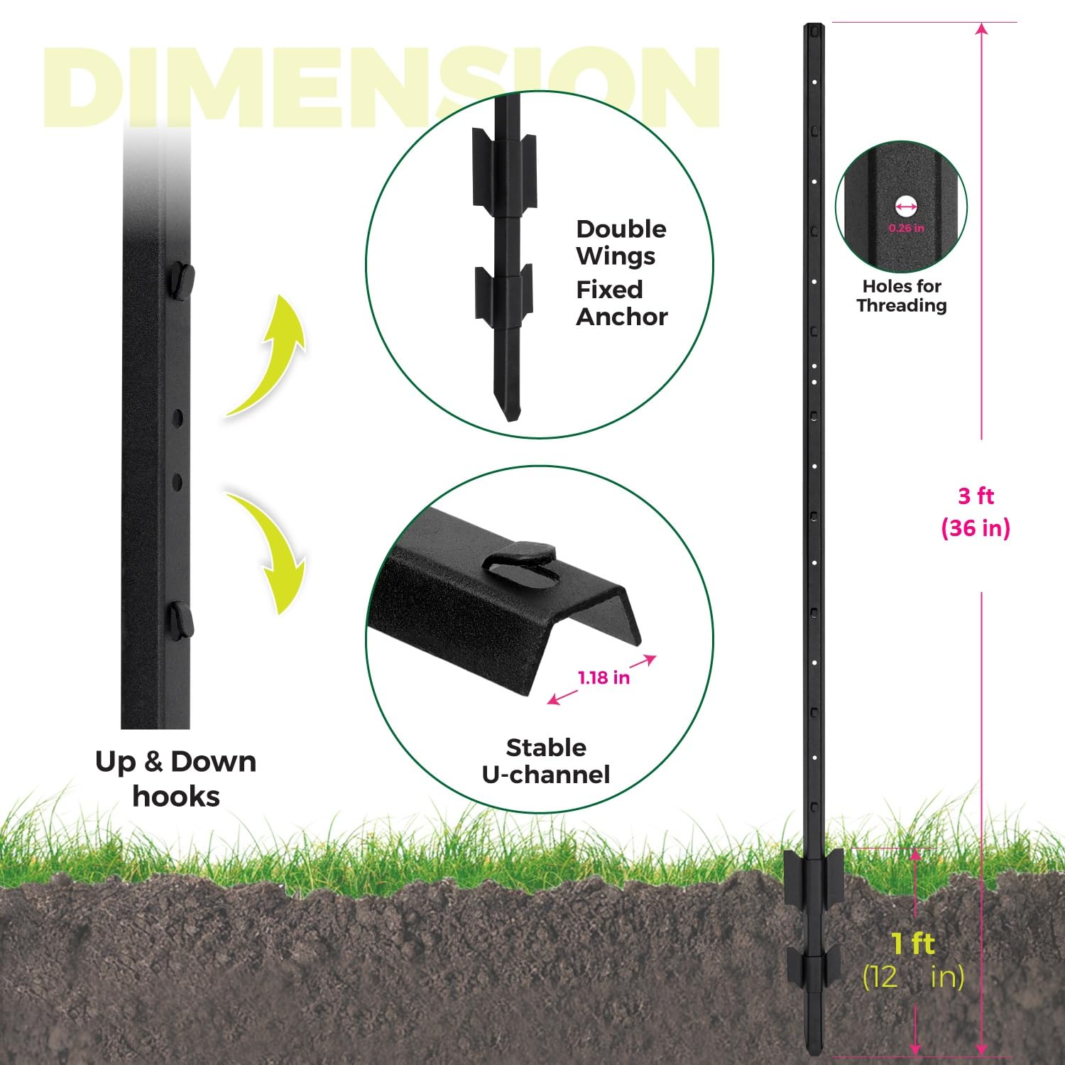 Fence Posts 3 Feet, Heavy Duty Metal Fence Post with U-Channel, Steel ...