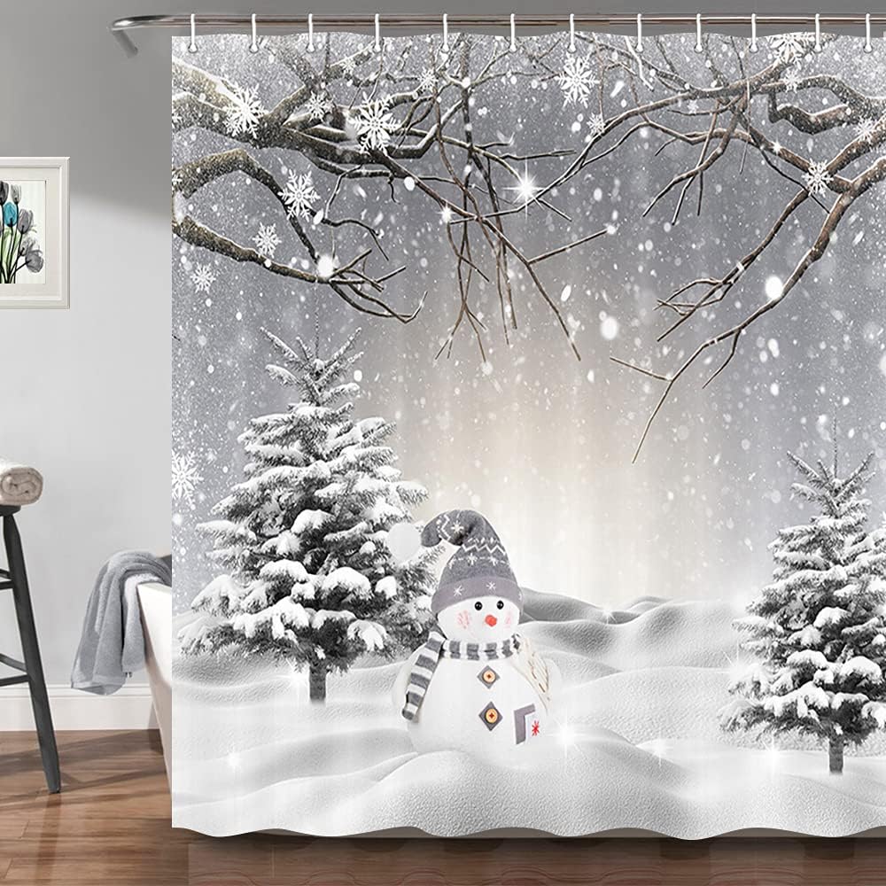 Amazon.com: Winter Snow Scene Shower Curtain Christmas Snowflake World ...