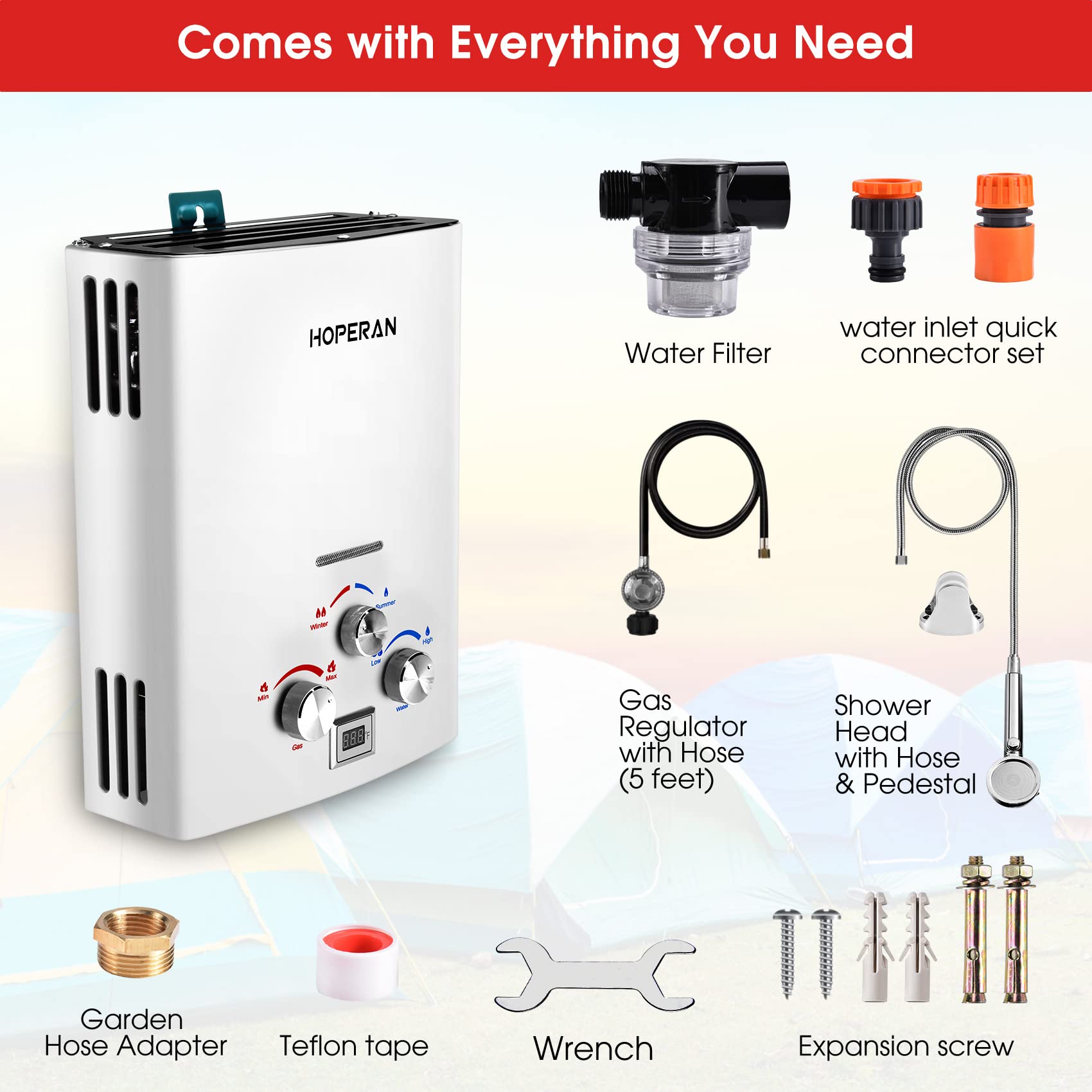 HOPERAN Outdoor Propane Water Heater - 1.6GPM 6L Portable Gas Water ...