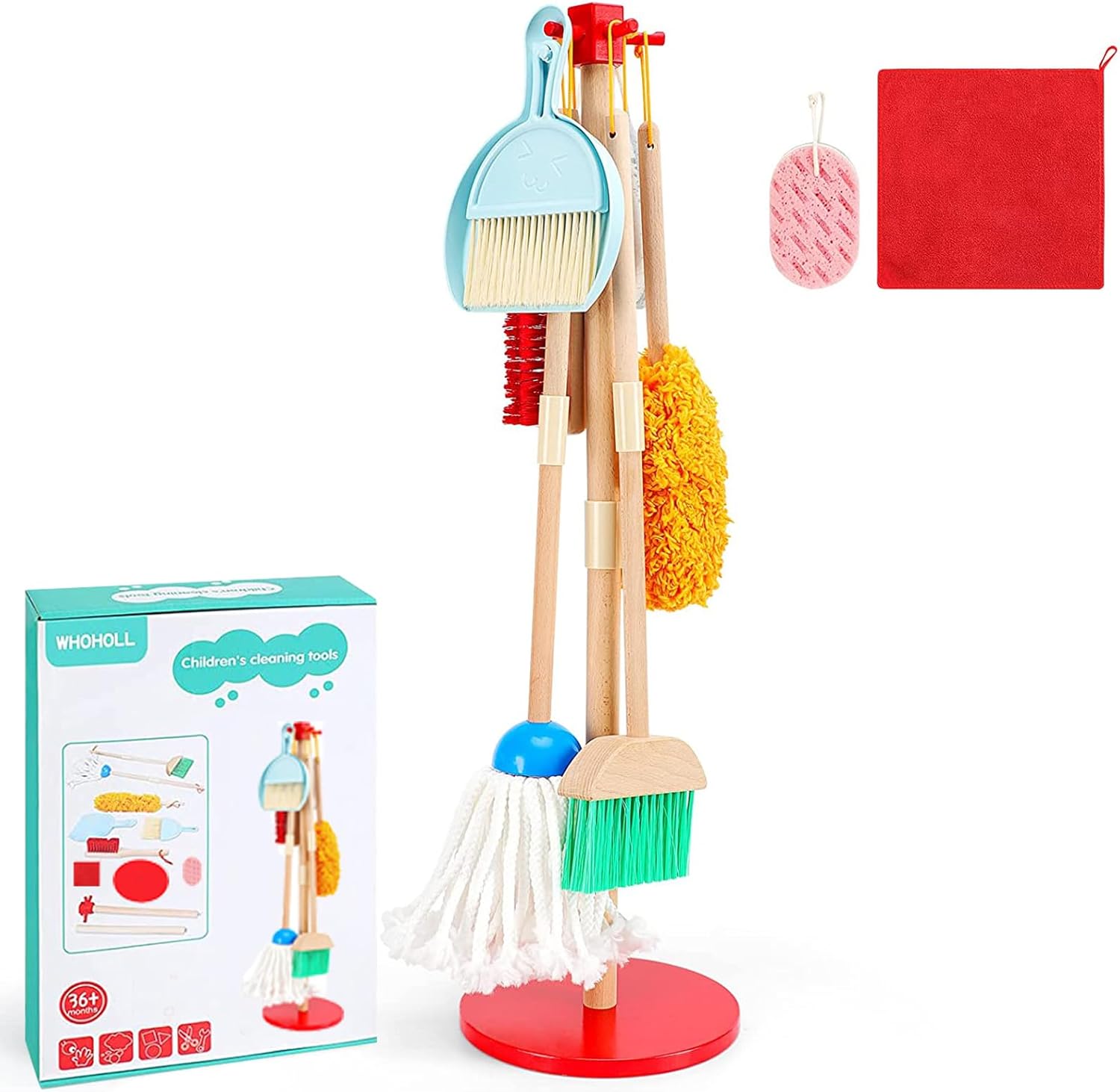 WHOHOLL Kids Cleaning Set, 9Pcs Wooden Toddler Cleaning Set for Pretend ...