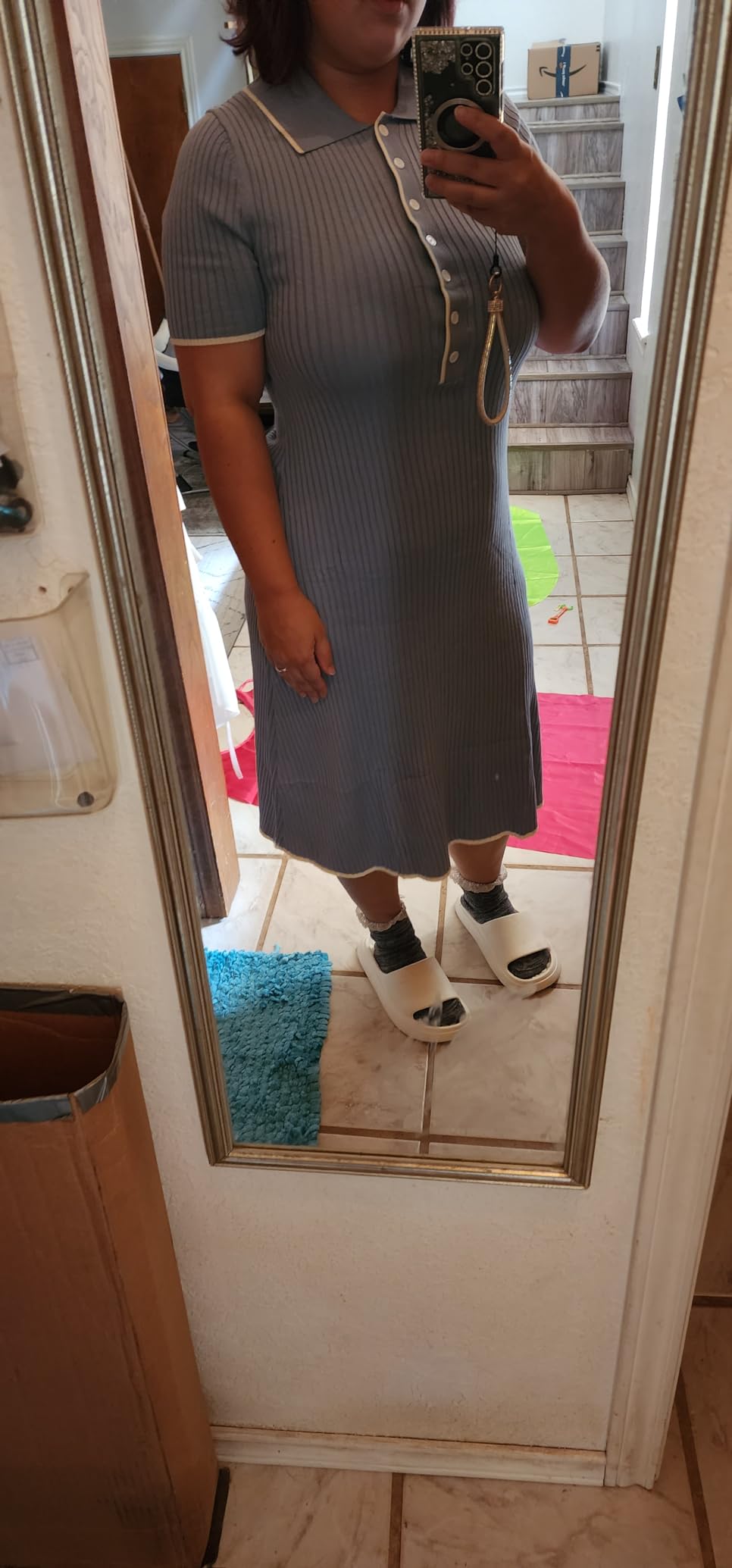 MEROKEETY Women's V Neck Ribbed Knit Midi Dress Short Sleeve Button ...