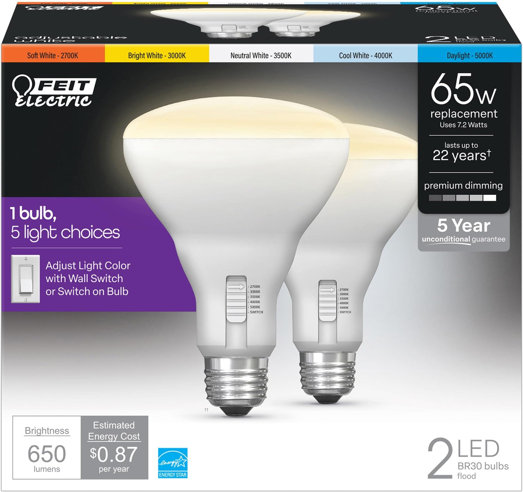 Feit Electric BR30 LED Light Bulb, 65W Equivalent, Dimmable, Color ...