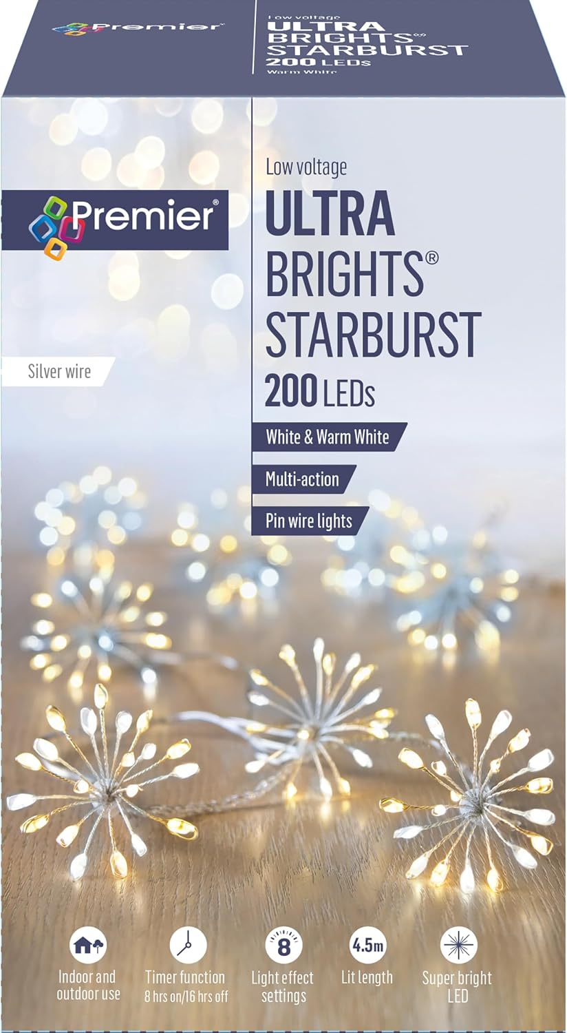 Premier 200 LEDs Multi-Action Starburst with Timer, White & Warm White ...