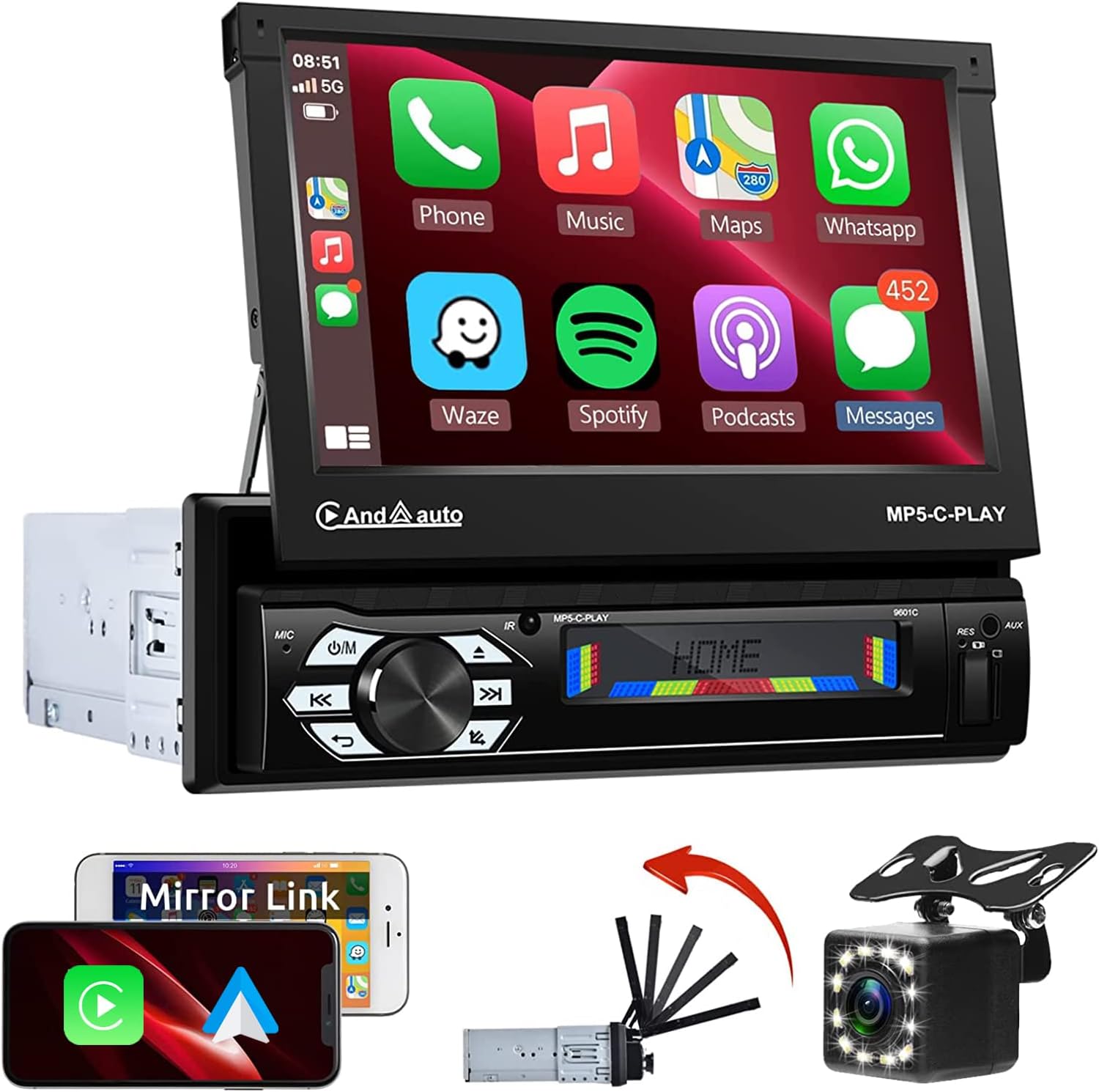 Amazon.com: Single Din Carplay Car Stereo with Bluetooth 12Leds Backup ...