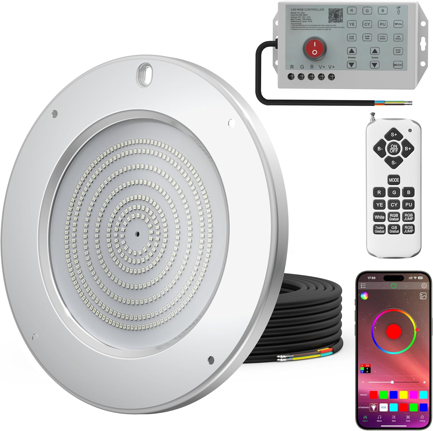 Amazon.com : Venste 10 Inch Multicolor Smart Pool Light with 50 Foot ...