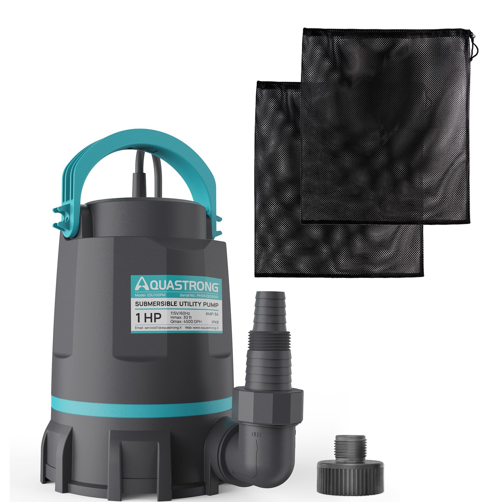 Aquastrong Sump Pump 1 HP Submersible Water Pump 4500 GPH & 2 Pcs Large ...