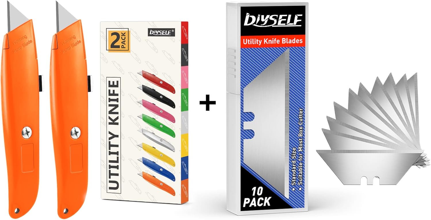 DIYSELF 2 Pack Box Cutter Retractable with 10 Pack Utility Knife Blades ...
