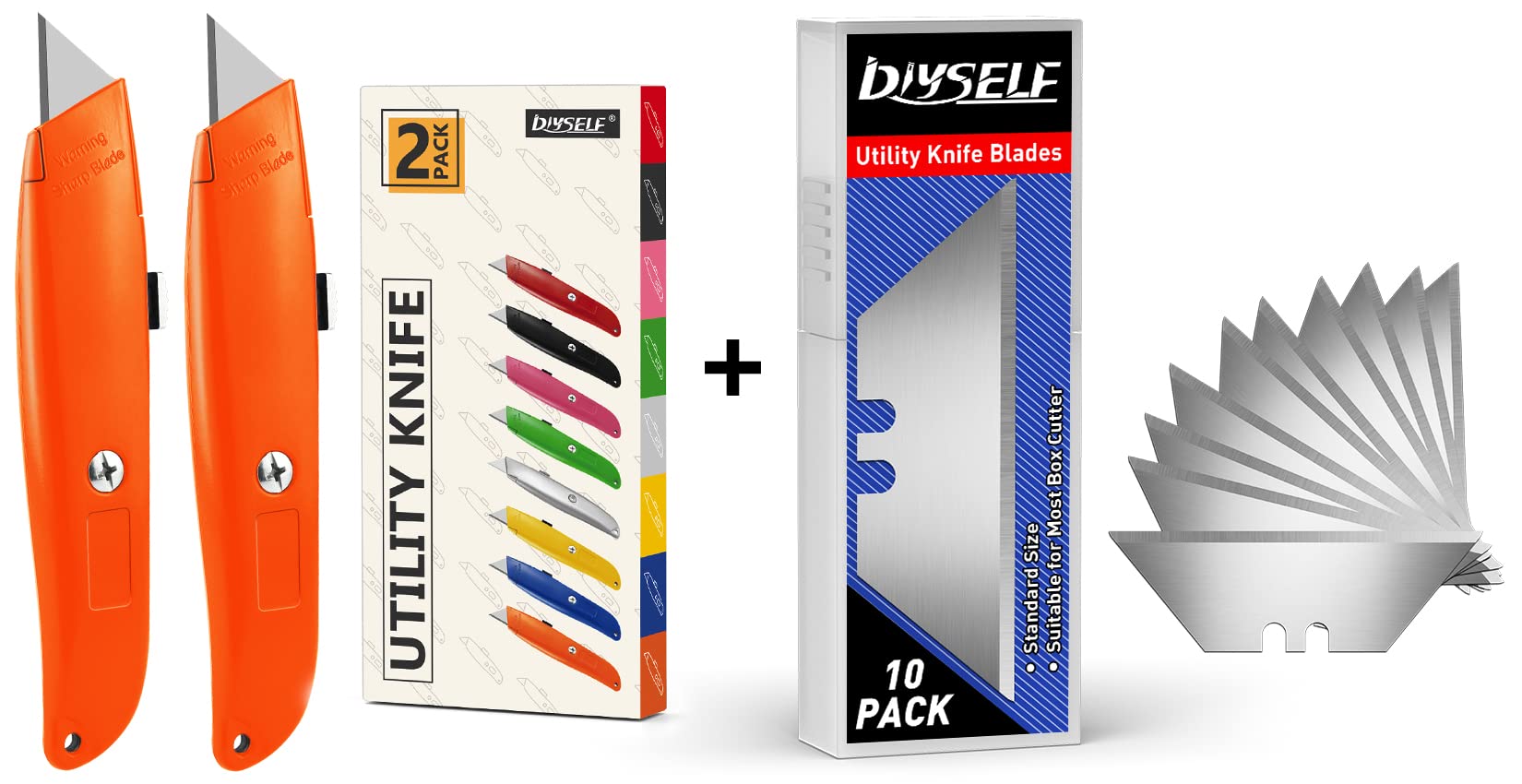 DIYSELF 2 Pack Box Cutter Retractable with 10 Pack Utility Knife Blades, Sharp SK5 Steel Utility ...