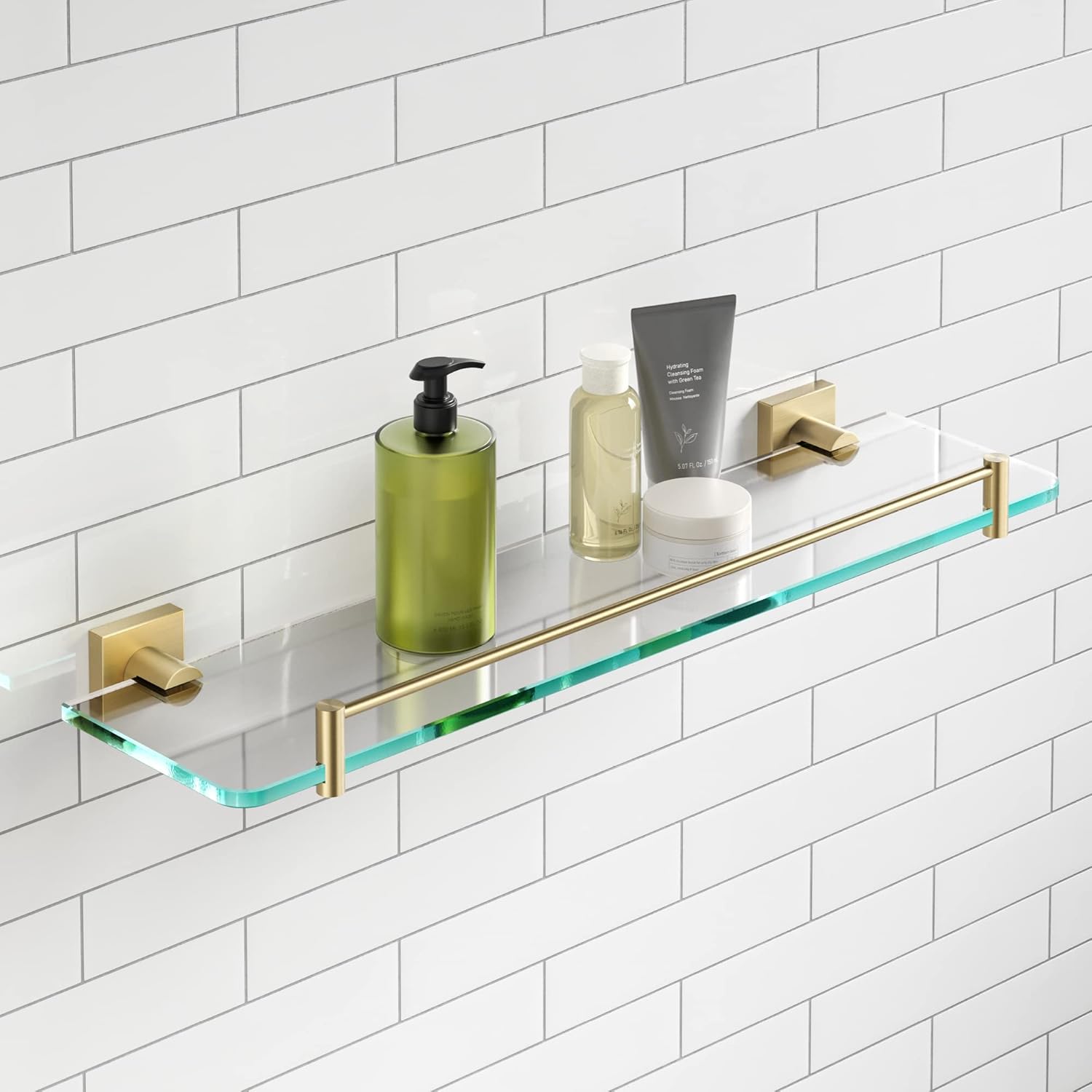 Kraus Ventus Glass Bathroom Shelf with Rail, Brushed Gold Finish, KEA ...
