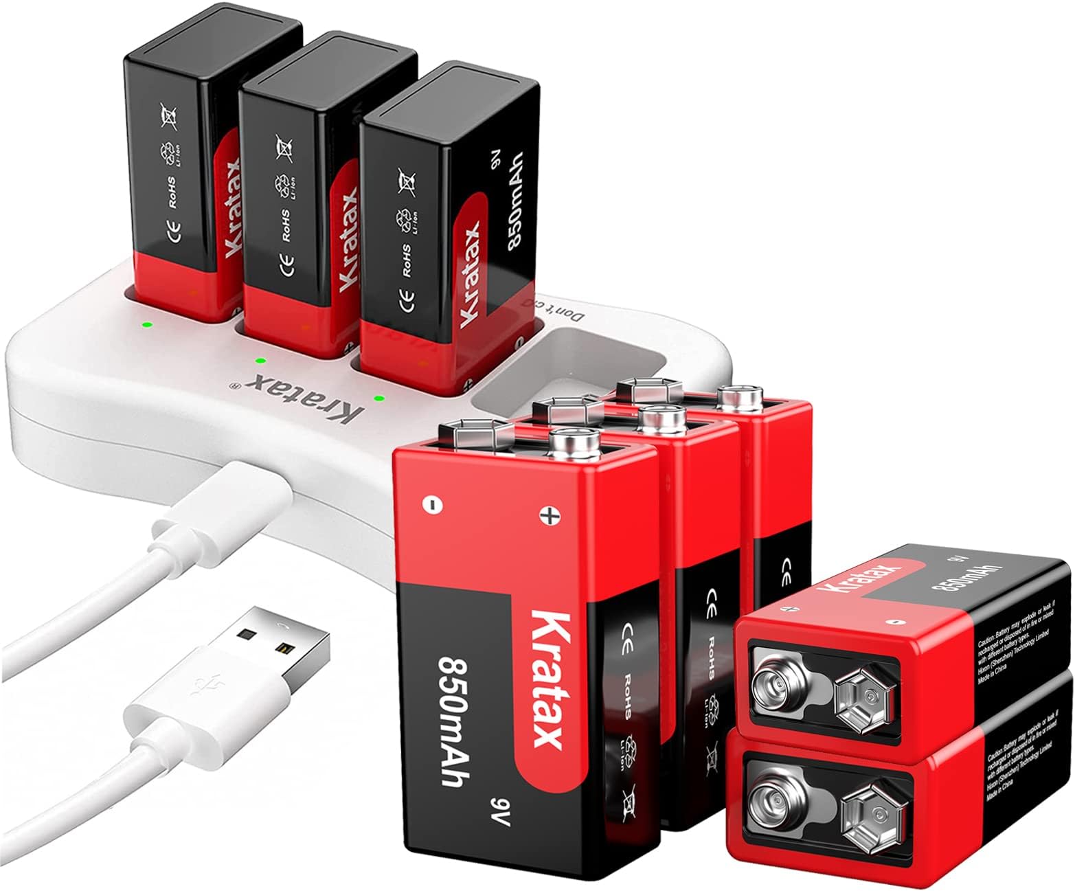 Kratax 9V Rechargeable Li-ion Battery -850mAh,8-Pack PP3 9 Volt Block ...