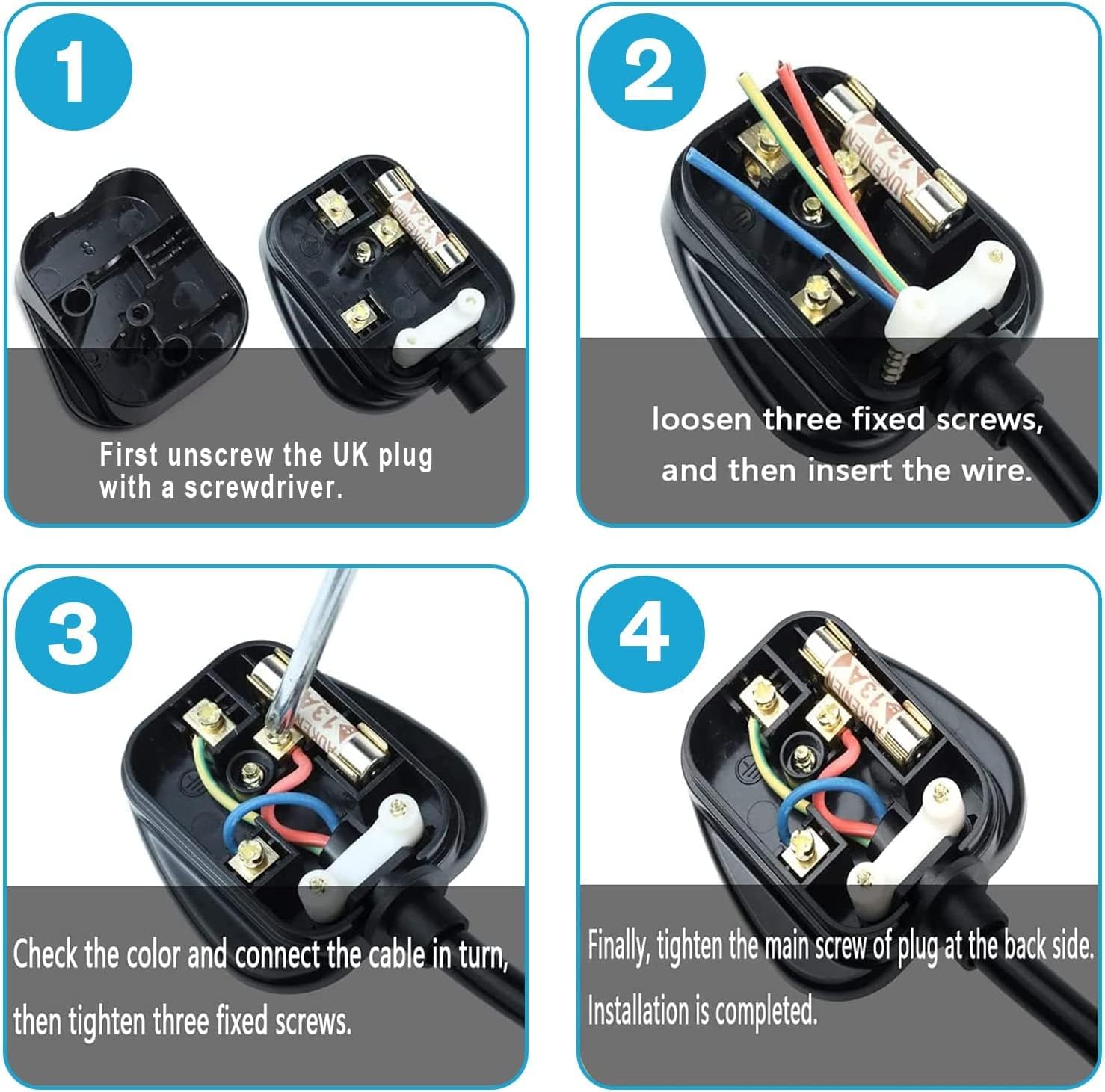 HITRENDS UK Plugs with 13 AMP Fused, 3 pin Mains Plug with Cord Grip ...
