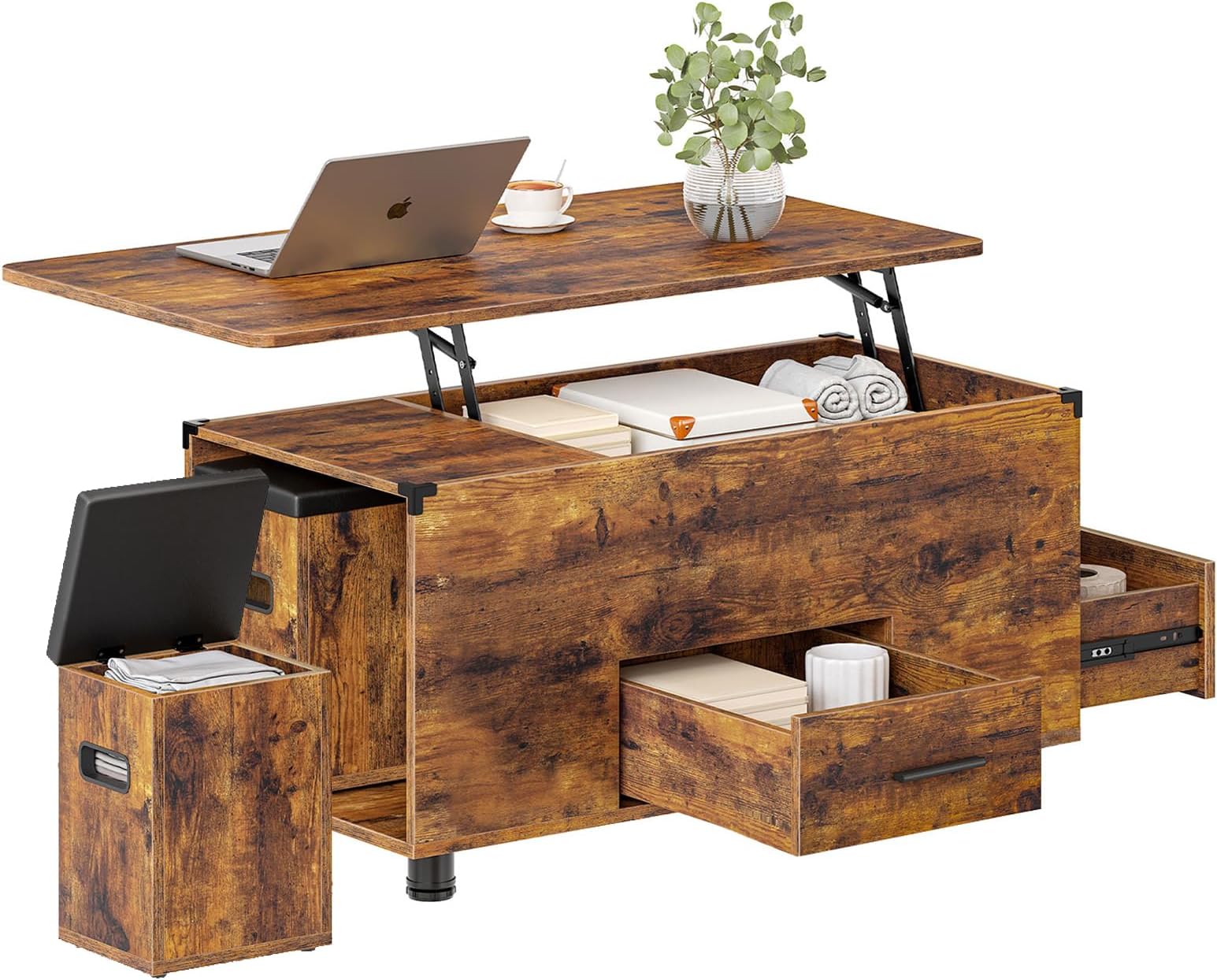 Amazon.com: FURKO Lift Top Coffee Table with 2 Stools Storage Bench and ...