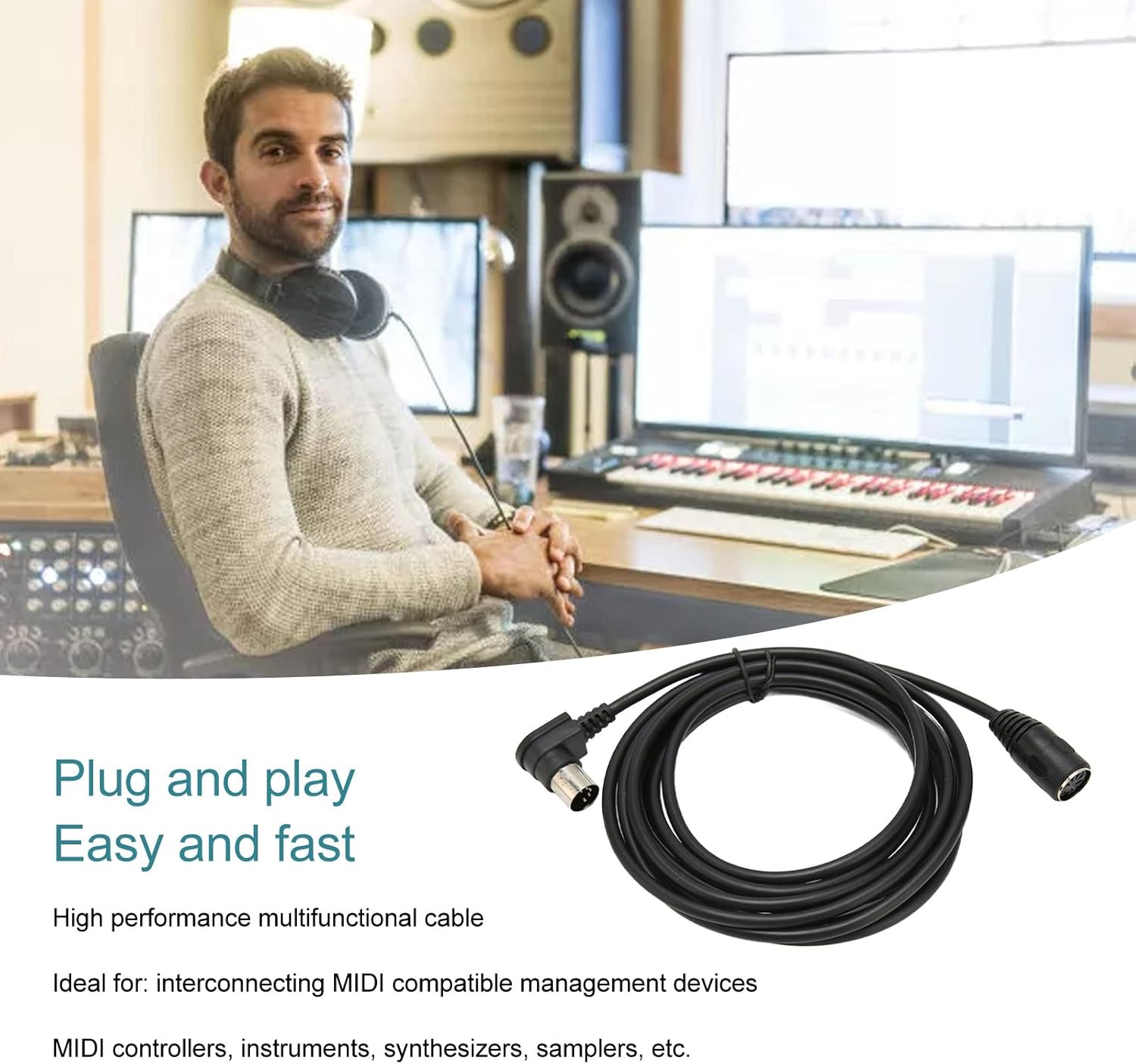 90 Degree MIDI Din Extension Cable, 5 Pin Din Cable, 5 Pin DIN Male to ...