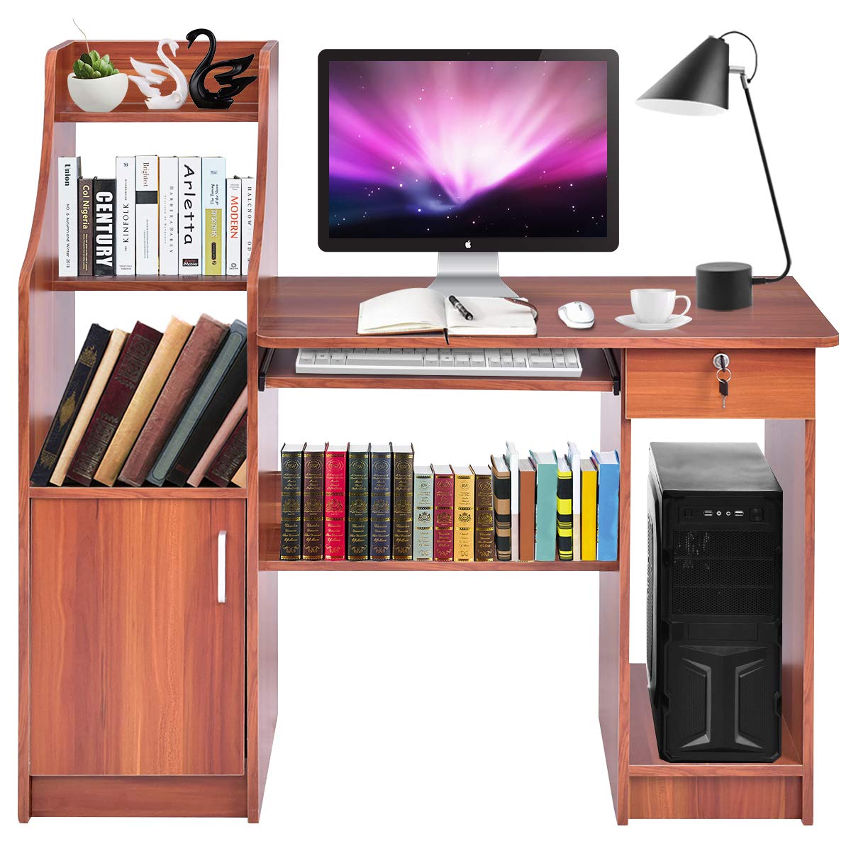 Tangkula Computer Desk with Storage Cabinet & Drawer, Wood Frame Home ...