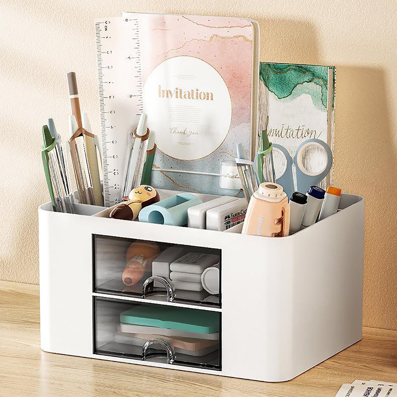 DAJAVE 3 Pcs Desk Organizer with Drawers, White Plastic Desk Tidy ...