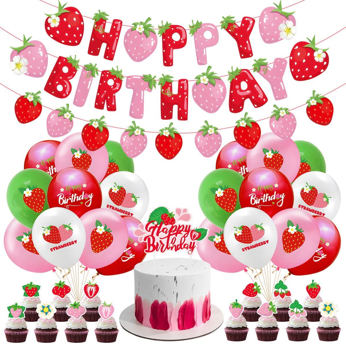 Amazon.com: Strawberry Birthday Party Decoration Set with Balloons ...