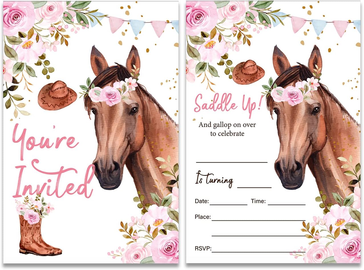 Amazon.com : Floral Horse Birthday Party Invitations with Envelopes Set ...