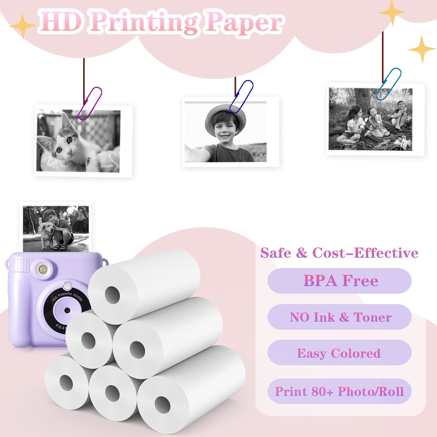 25 Rolls Kids Camera Instant Print Refill Paper Set, Phetium HD ...