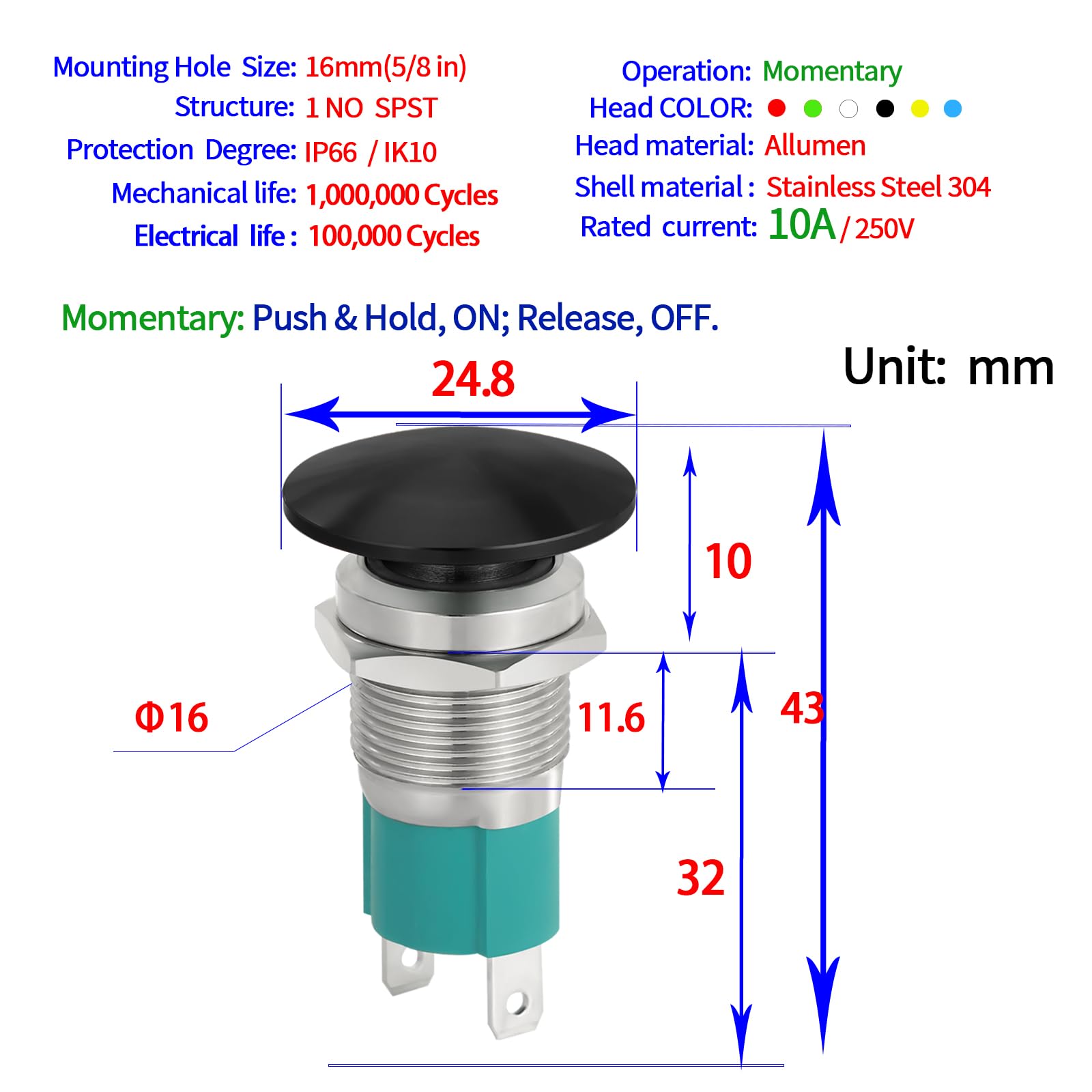 Snapklik.com : 10 Amp 16mm Momentary Mushroom Push Button Switch Black ...