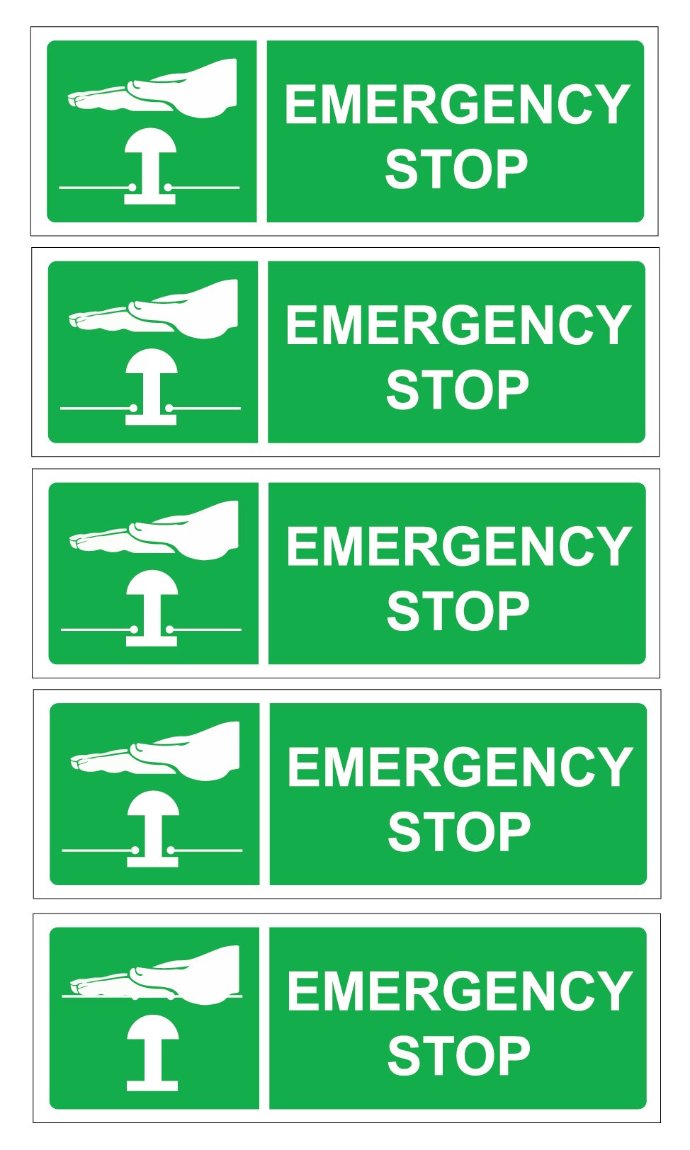 5 x EMERGENCY STOP GREEN WARNING SELF ADHESIVE STICKERS SAFETY SIGNS ...