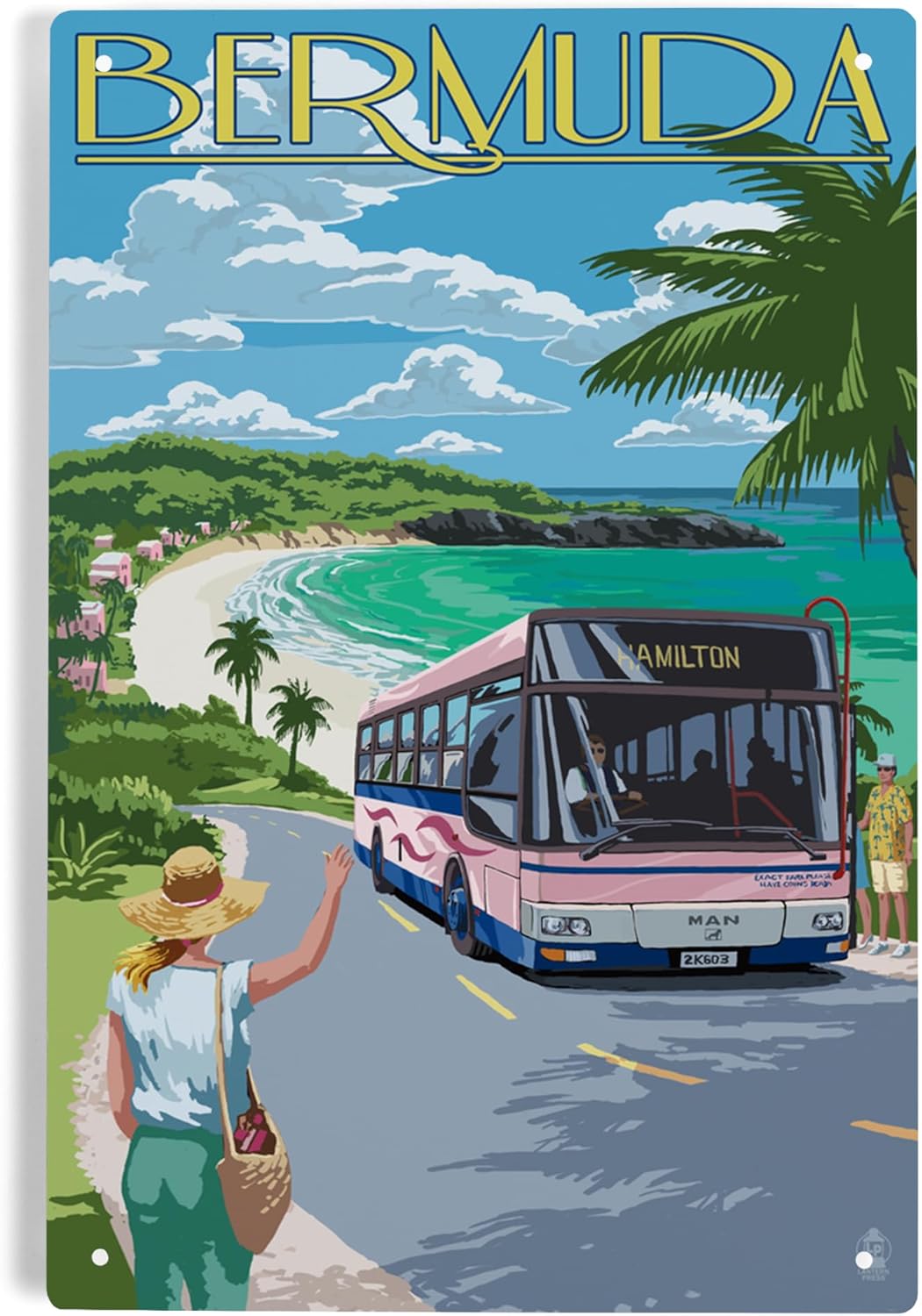 Amazon.com: Lantern Press 6x9 Inch Metal Sign, Bermuda, Pink Bus on ...