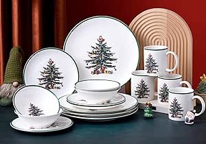 Amazon.com | 16-Piece Christmas Dinnerware Set with Green Edge ...