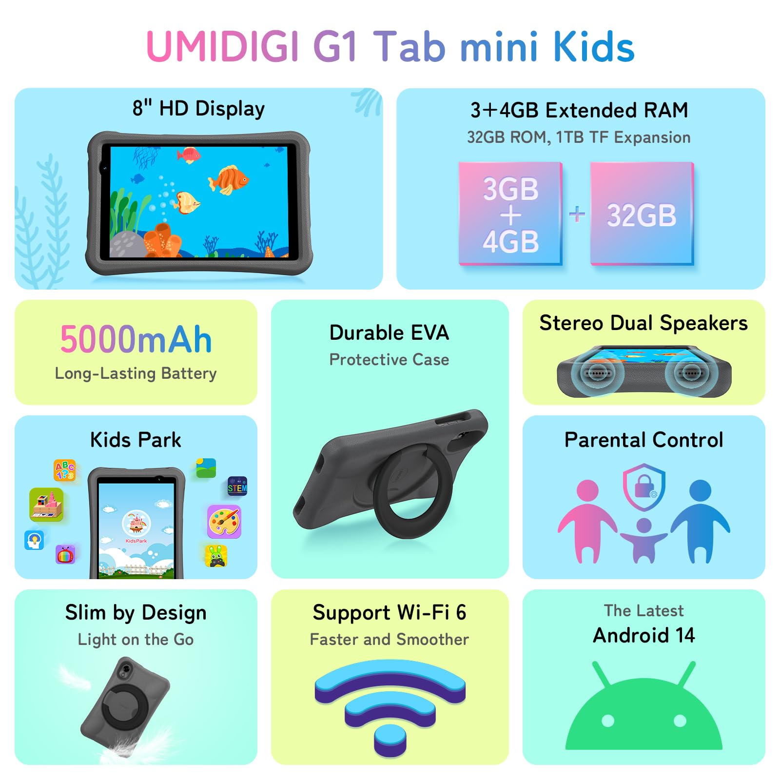Snapklik.com : UMIDIGI Kids Tablet WiFi 6 Android 14 G1 Tab Mini 8 Inch ...