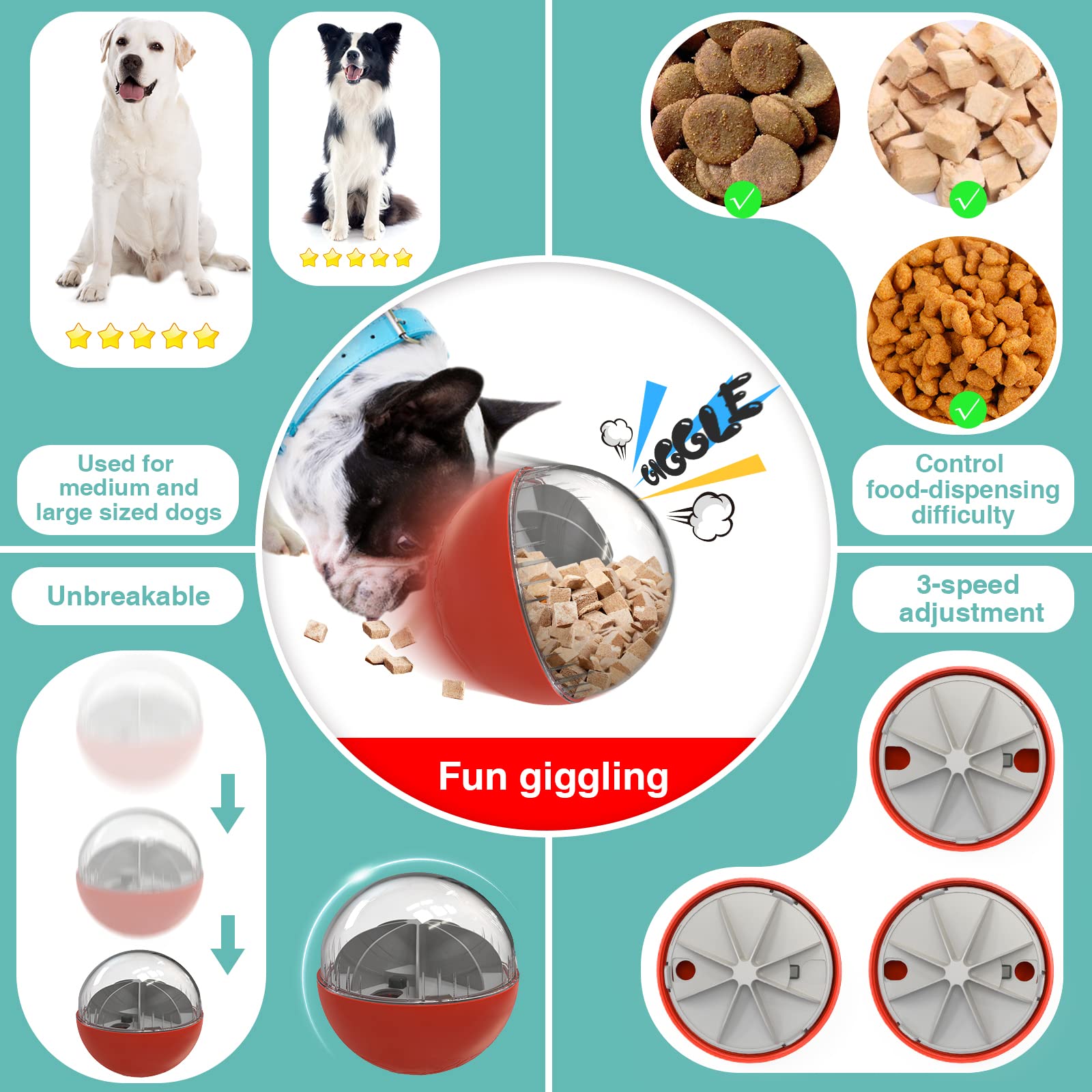 TLKNG Dog Balls Adjustable Food Dispensing Treat Dispenser Dogs Puzzle ...