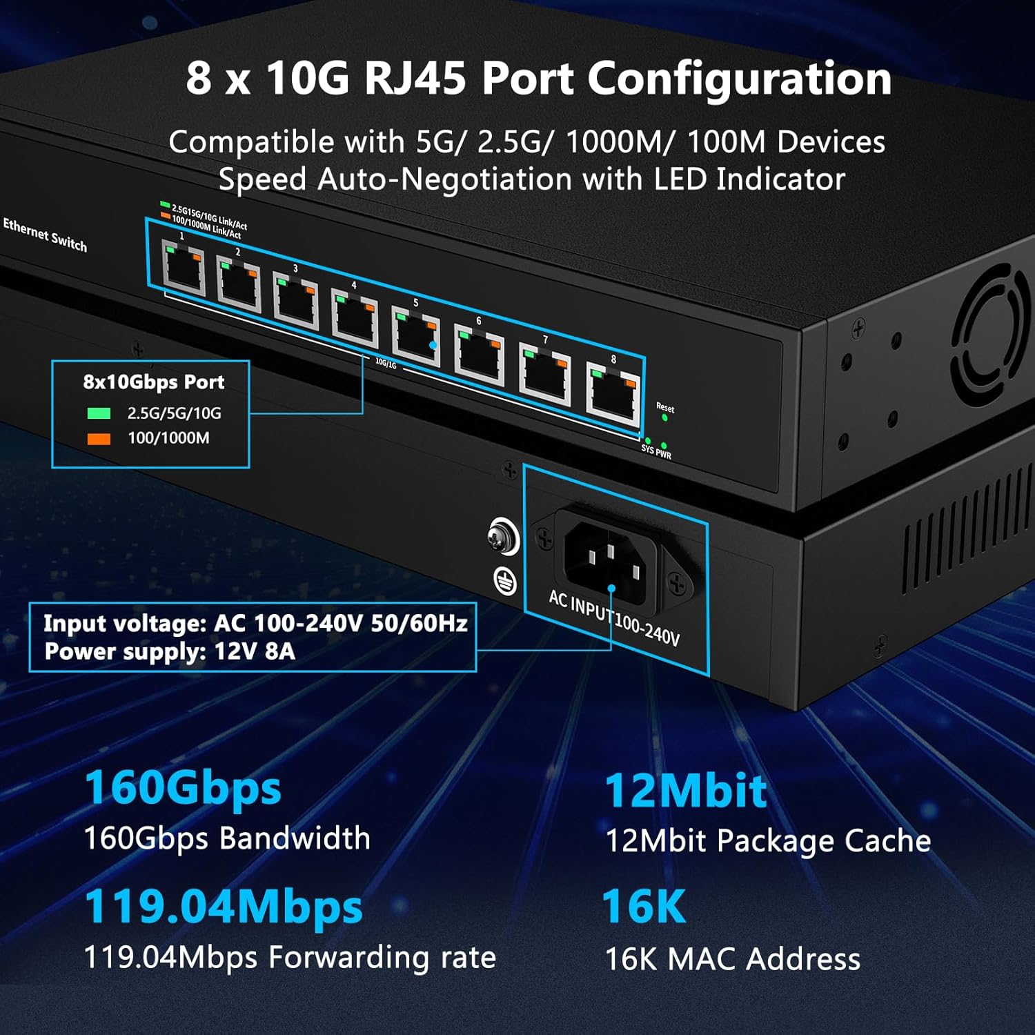 8 Port 10Gb RJ45 Web Managed Ethernet Network Switch with 8 x 10 Gigabit Base-T Port | 10Gbps ...