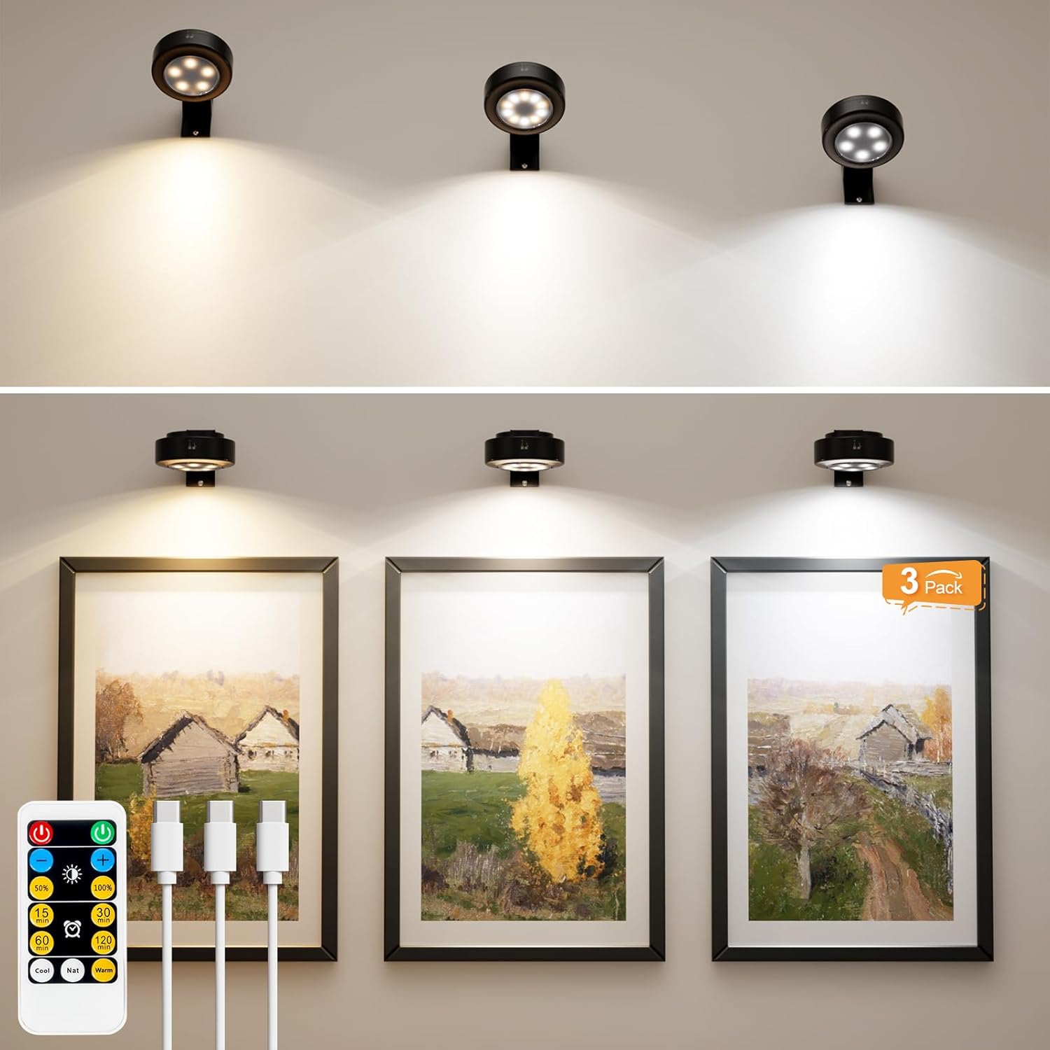 nulmvic 3 Pack Picture Lights for Wall-Rechargeable Battery Operated ...