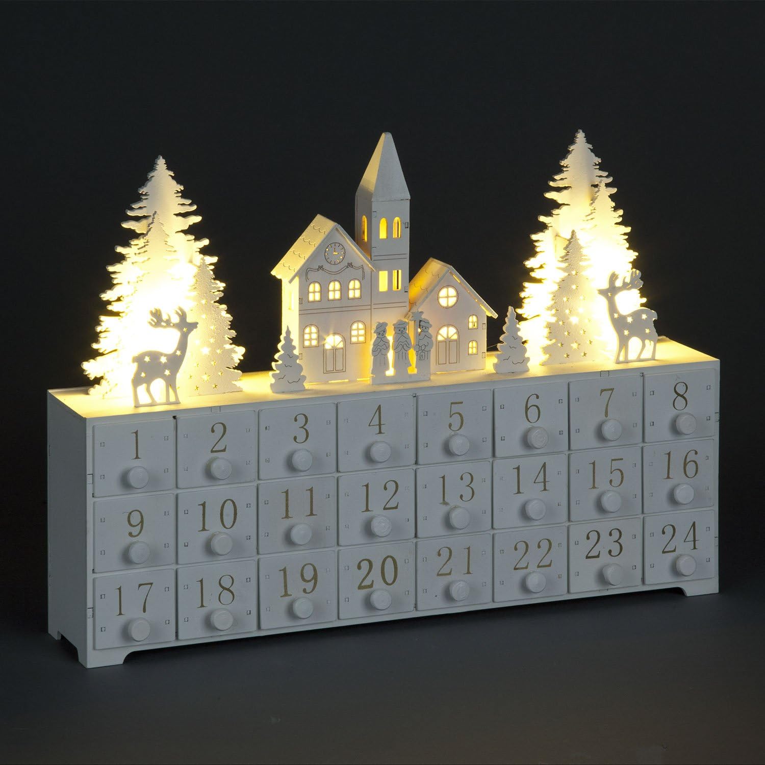 Snowtime White Wooden LED Light Up Christmas Xmas Advent Calendar Scene ...