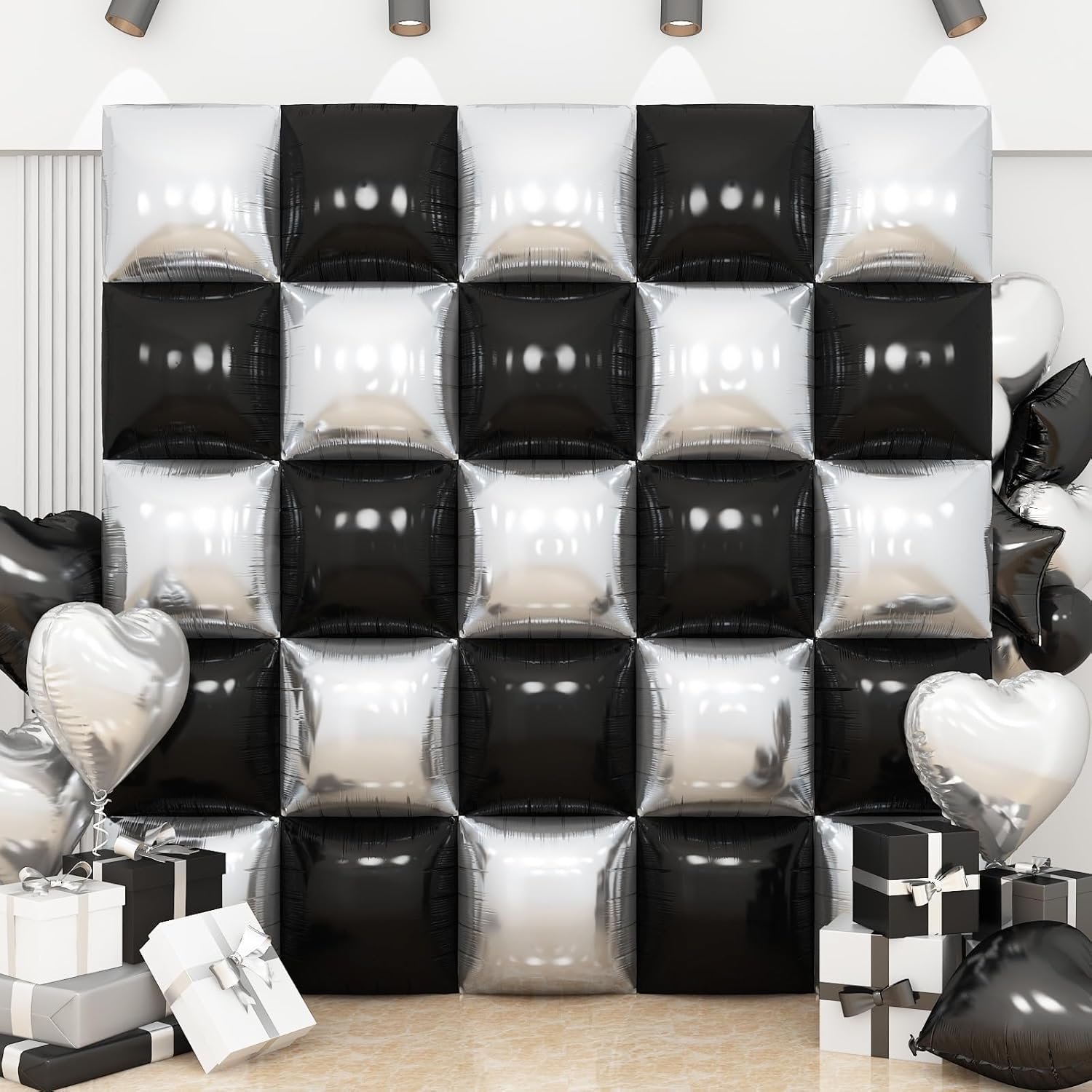 Amazon.com: Black Silver Square Foil Balloon Wall,25Pcs Double Sided ...