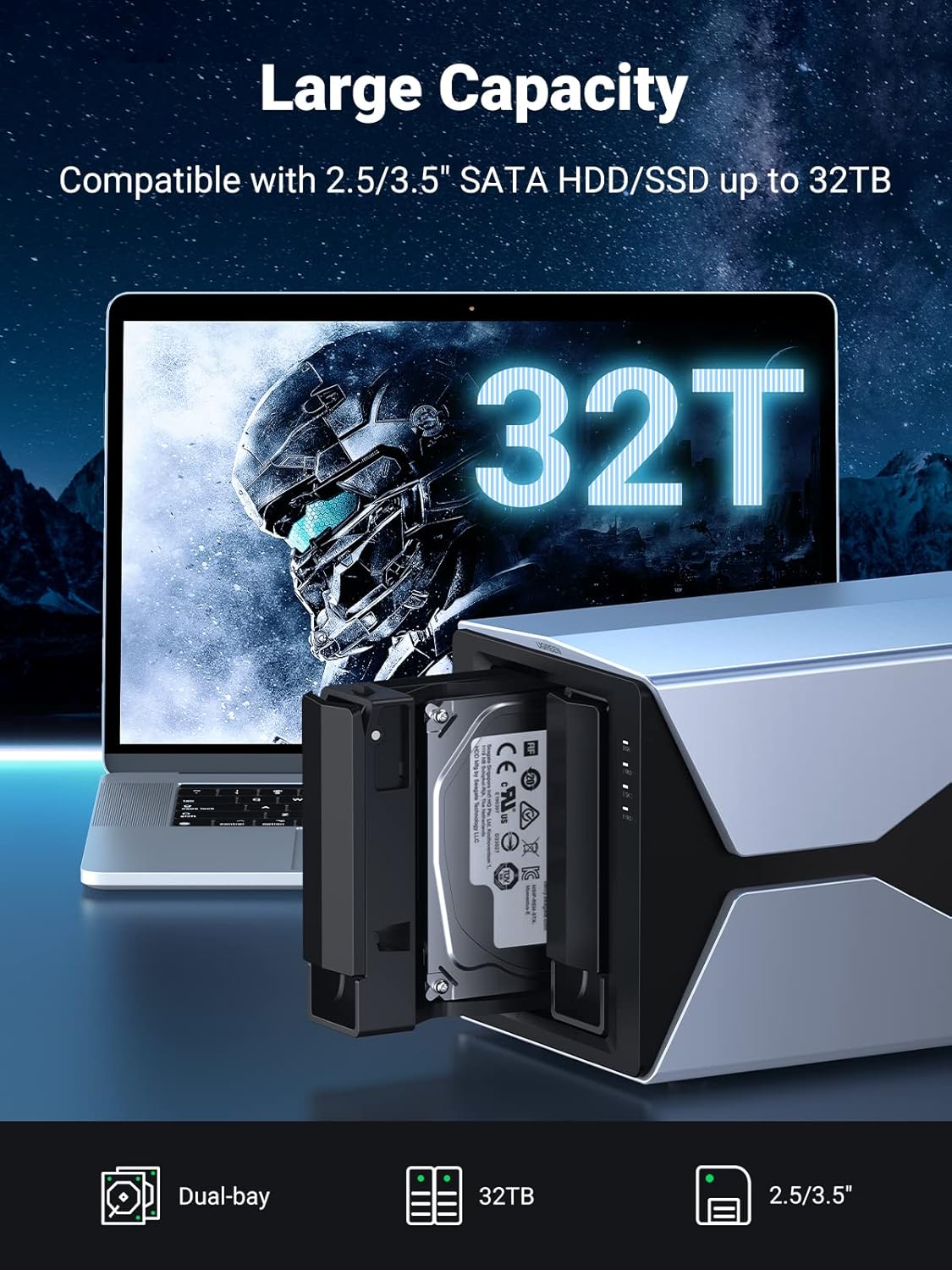 UGREEN 2 Bay Hard Drive Enclosure, 2 x 16TB Raid Array Dual Bay Hard ...