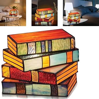 VecNum Stained Glass Stacked Books Lamp,Handcrafted Glass Nightstand ...