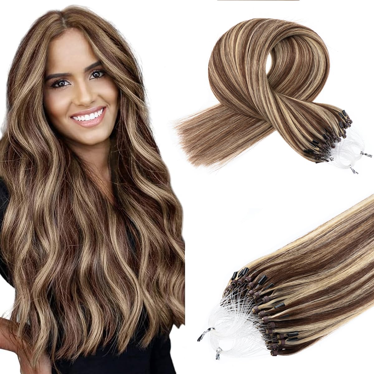 Amazon.com : Kpvxxve Micro Beads Hair Extensions Real Human Hair Brown ...