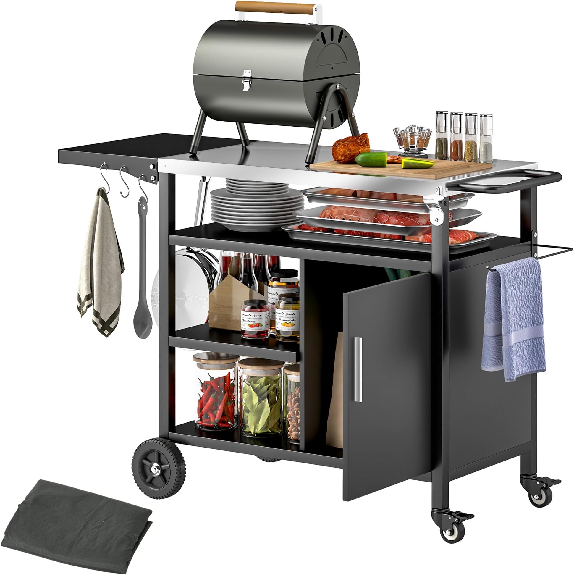Outsunny Outdoor BBQ Trolley with Foldable Side Table, Stainless Steel ...