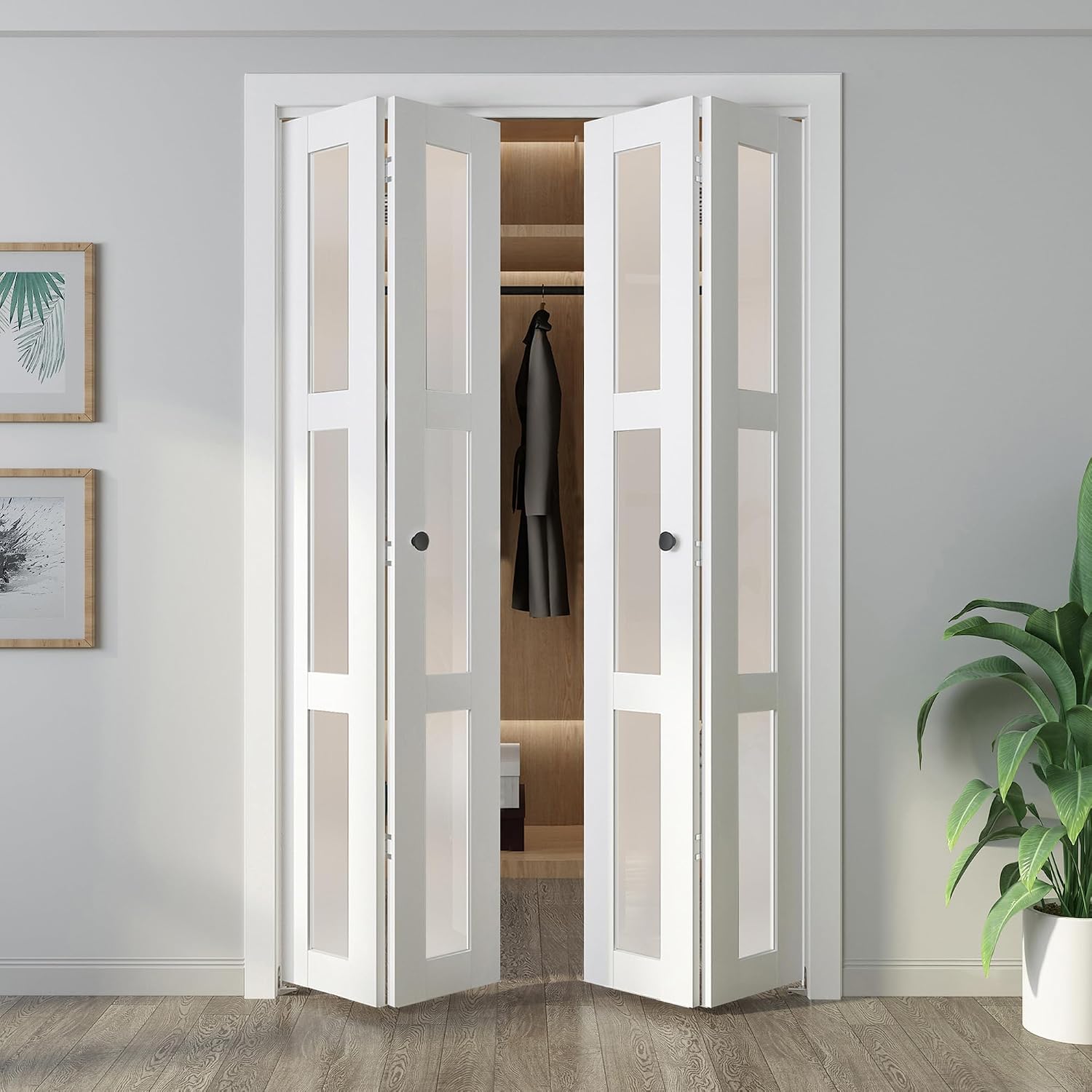 JUBEST Bi fold Glass Barn Door, Bifold Interior Doors with Hardware ...