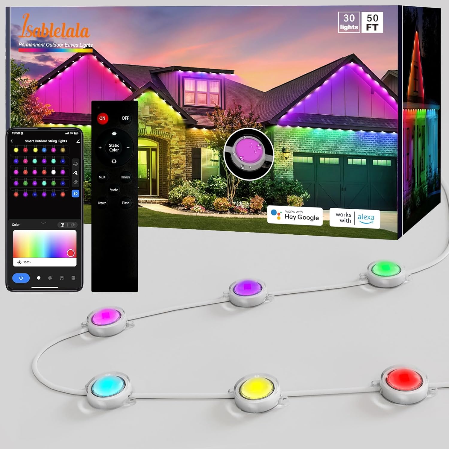 Permanent Outdoor Lights 50ft With 30 LEDs, RGB Smart Eaves IP65 ...