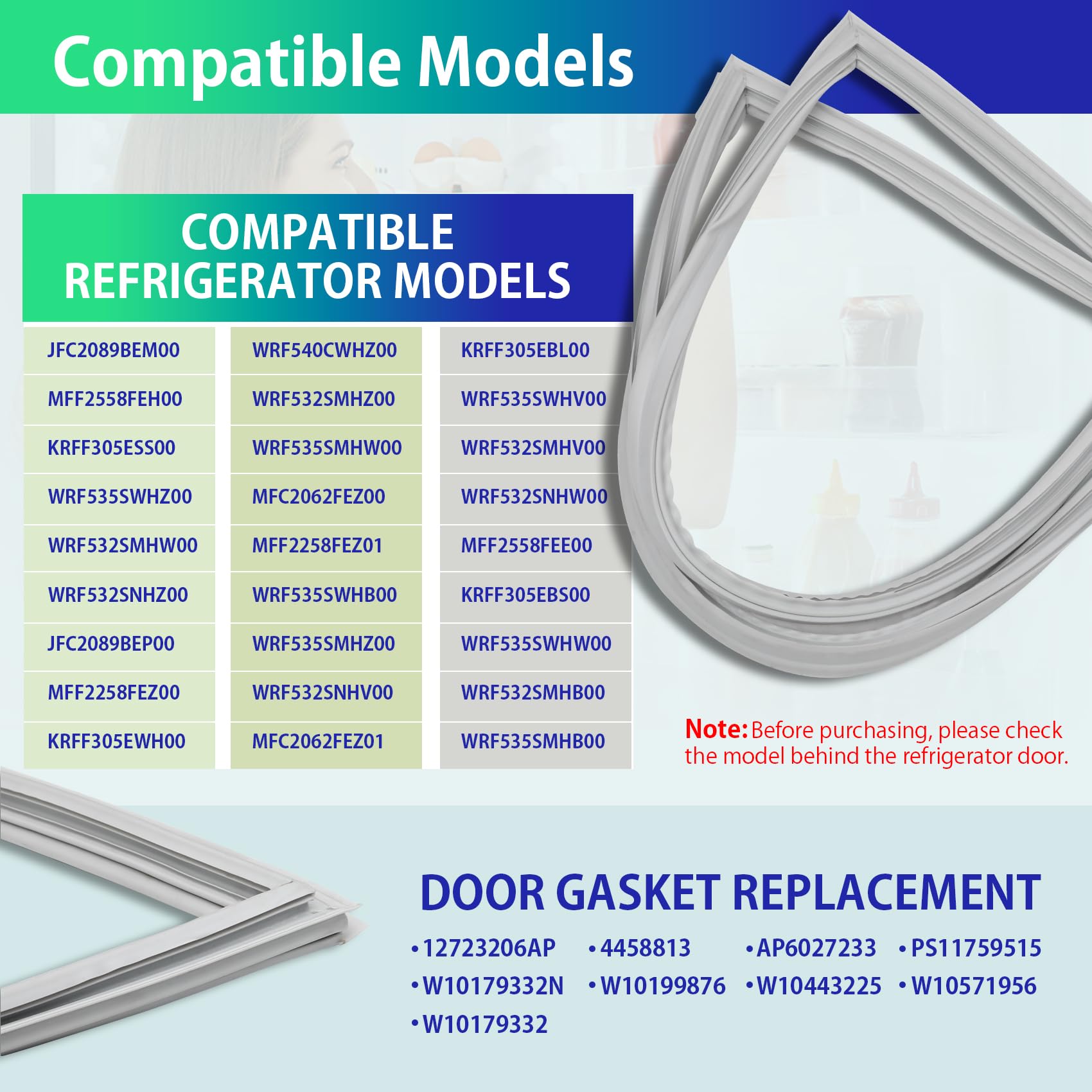 W10830162 Refrigerator Freezer Door Gasket -Compatible with Whirlpool ...
