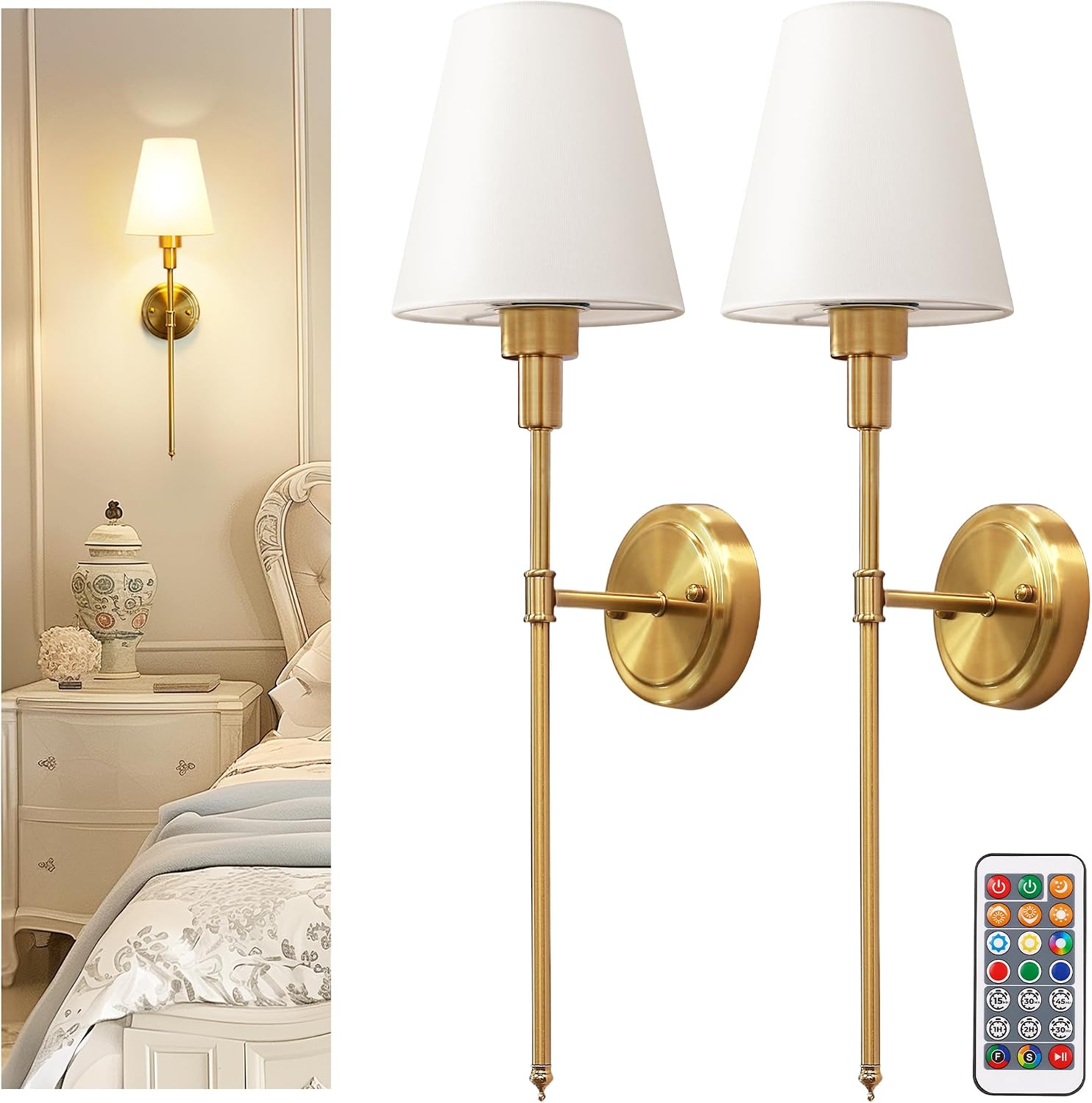 DORESshop Battery Operated Wall Sconce Set of 2, Wall Light Wireless ...