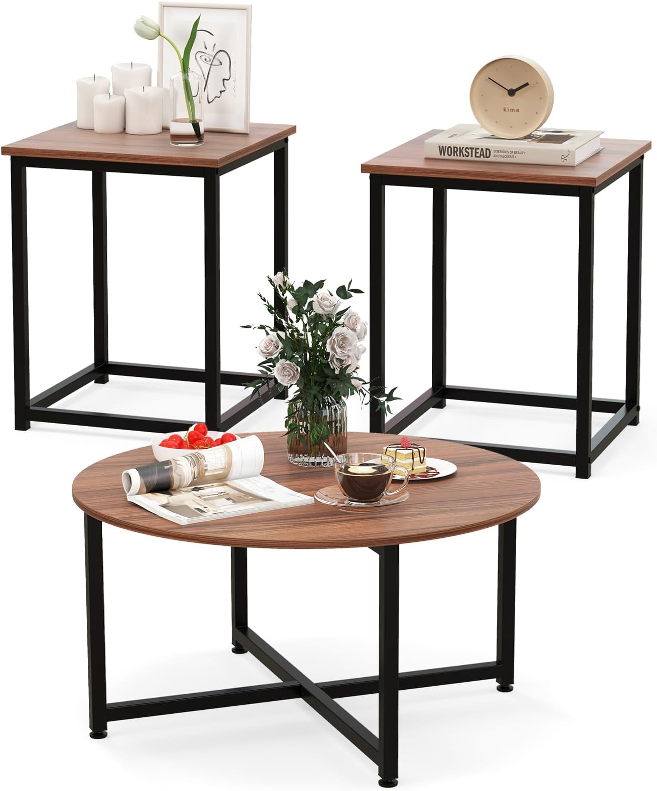 Amazon.com: Yaheetech Industrial Living Room 3-Piece Table Sets ...