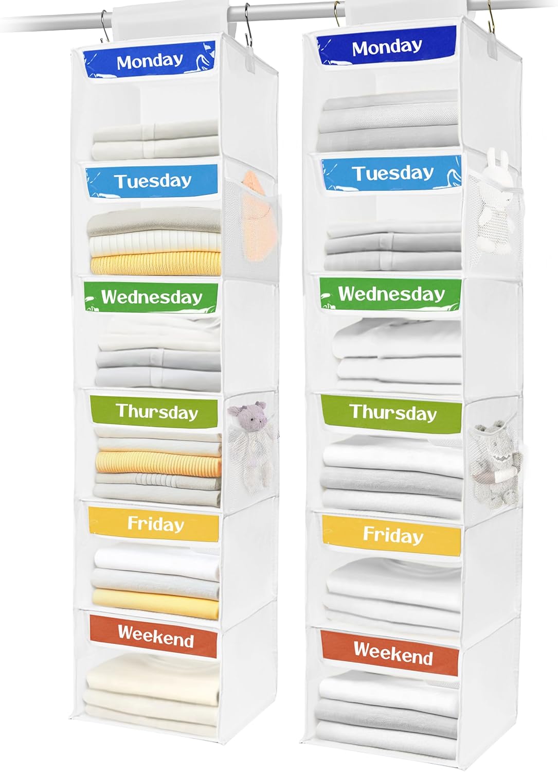AELS 6-Shelf Weekly Clothes Organizer Set of 2, Hanging Closet ...