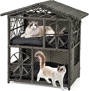 Amazon.com : Tangkula 2-Story Rattan Cat House, Wicker Cat Cave Bed ...