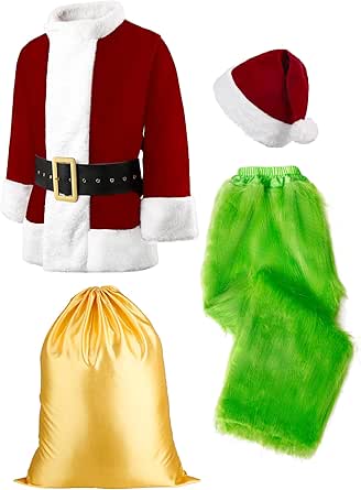 Amazon.com: Olaorell Christmas Green Santa Costume Adult Deluxe Furry ...