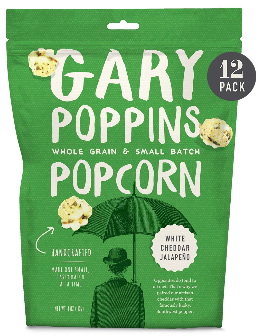 Amazon.com: Gary Poppins Popcorn - White Cheddar Jalapeño (4oz) - 12 ...