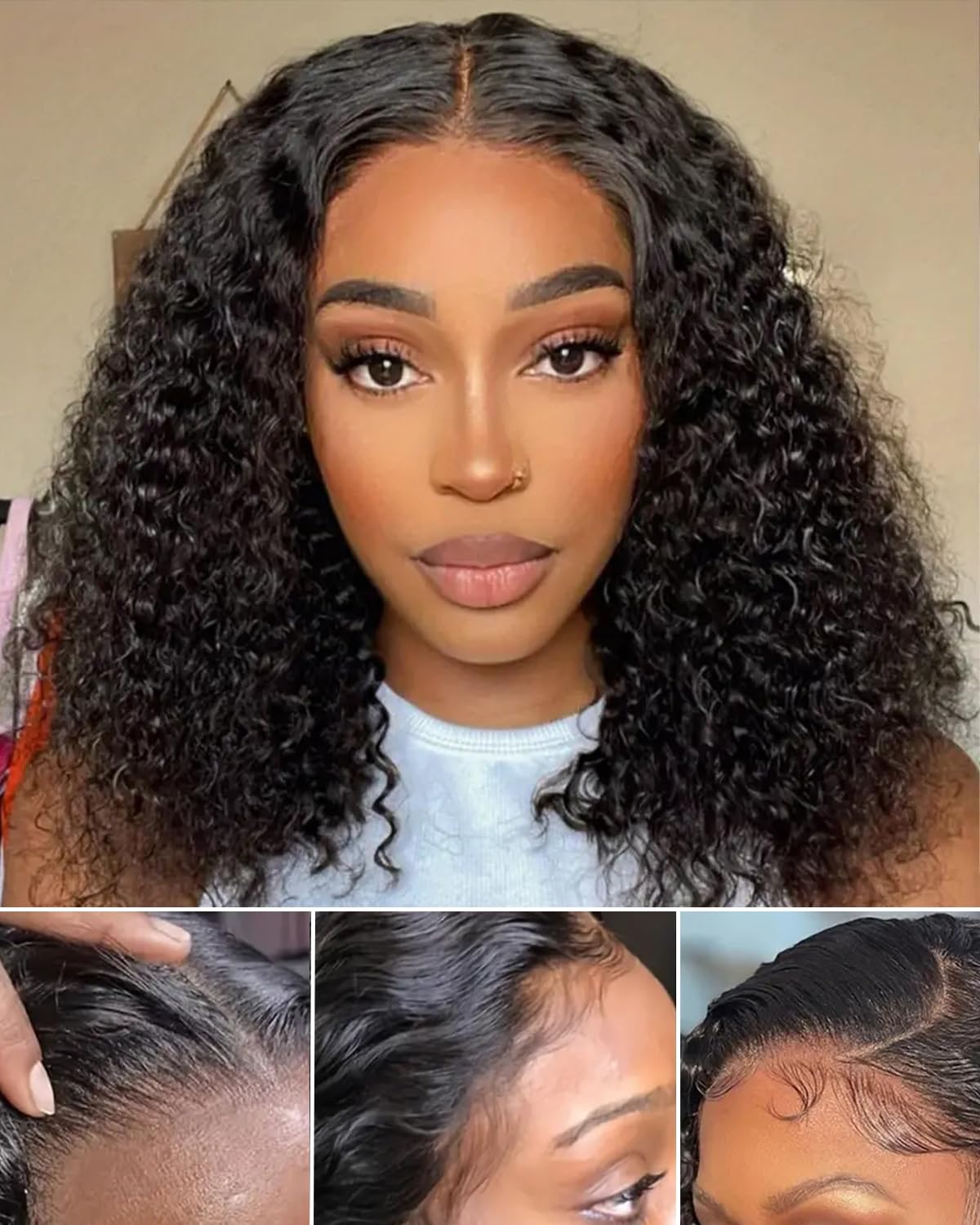 Amazon.com : Mookuu 1B Curly Bob Wig Human Hair 14 Inch Transparent ...