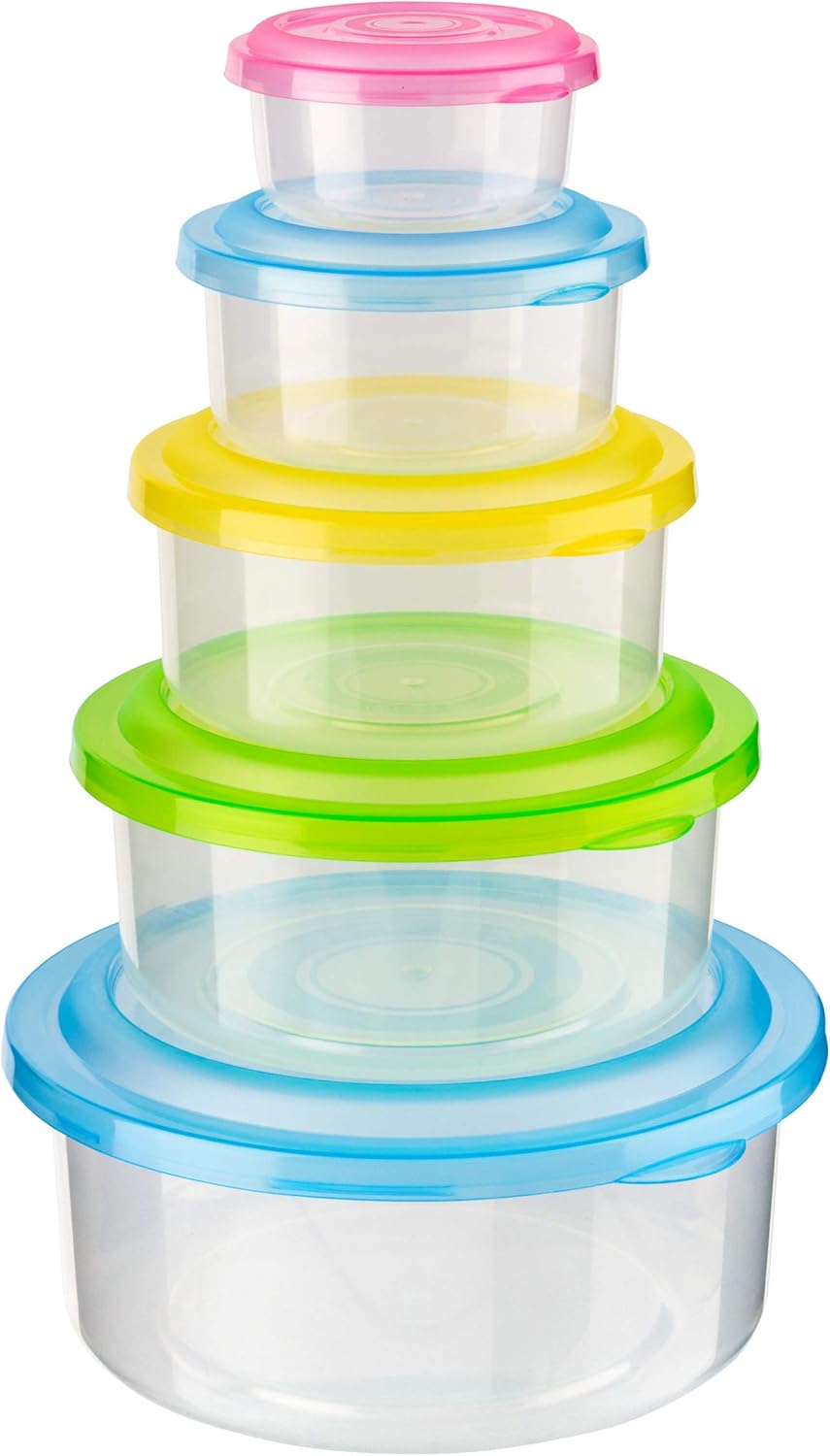 Homeshopa Food Storage Container, Set Of 5 Round Reusable Plastic Food ...