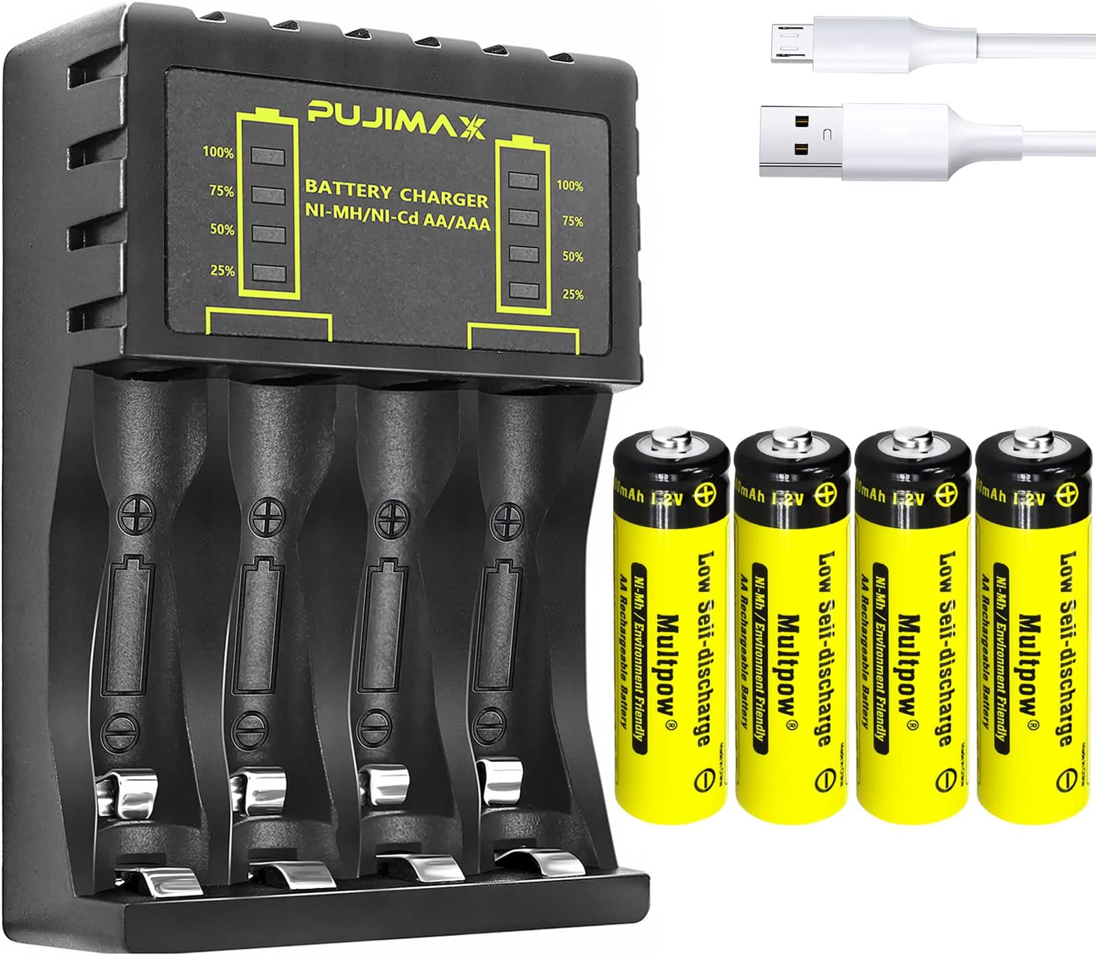 Rechargeable Batteries with Charger 4 Slot LED, 2600mAh 4 Pack ...