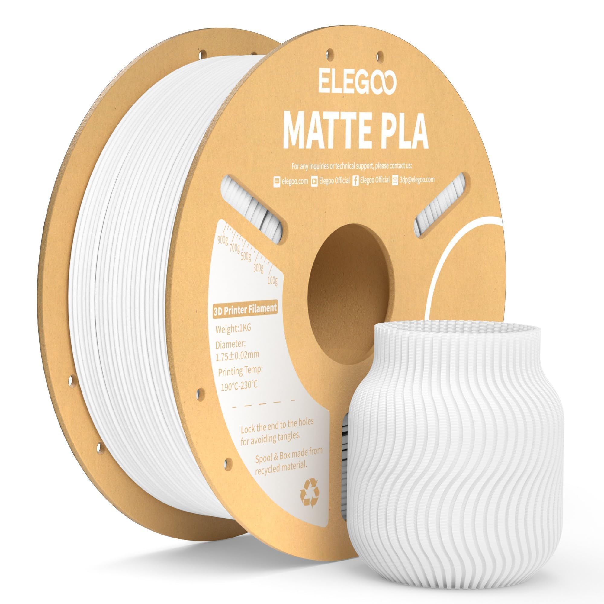 ELEGOO Matte PLA Filament Matte White 1KG, 1.75mm 3D Printer Filament ...