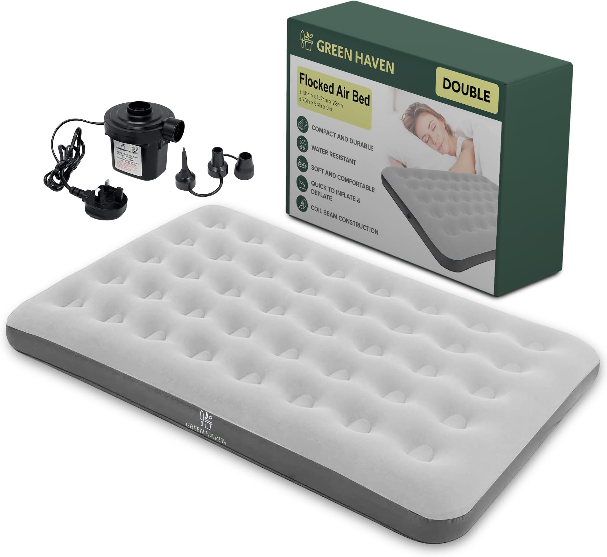 Green Haven Premium Double Blow up Camping bed + AC Electric Air pump ...